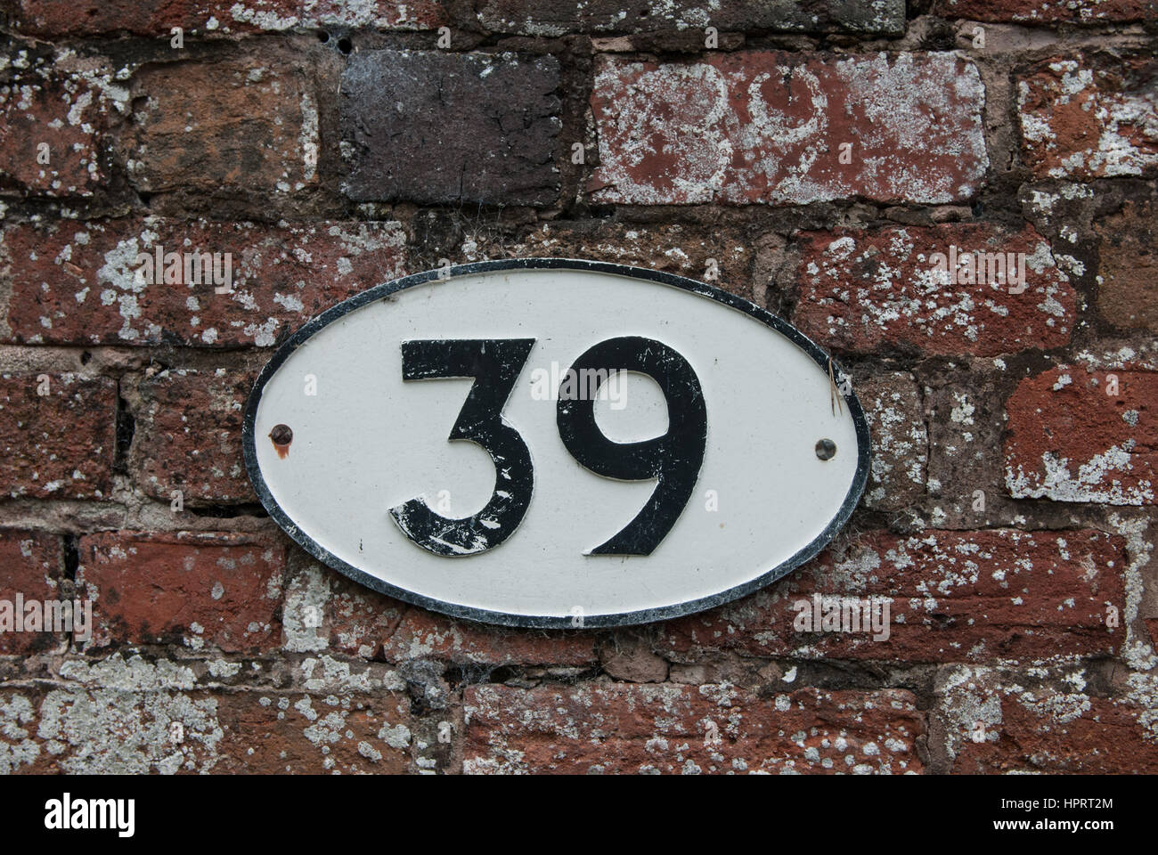 An oval plaque depicting the number 39 against a brick background Stock ...