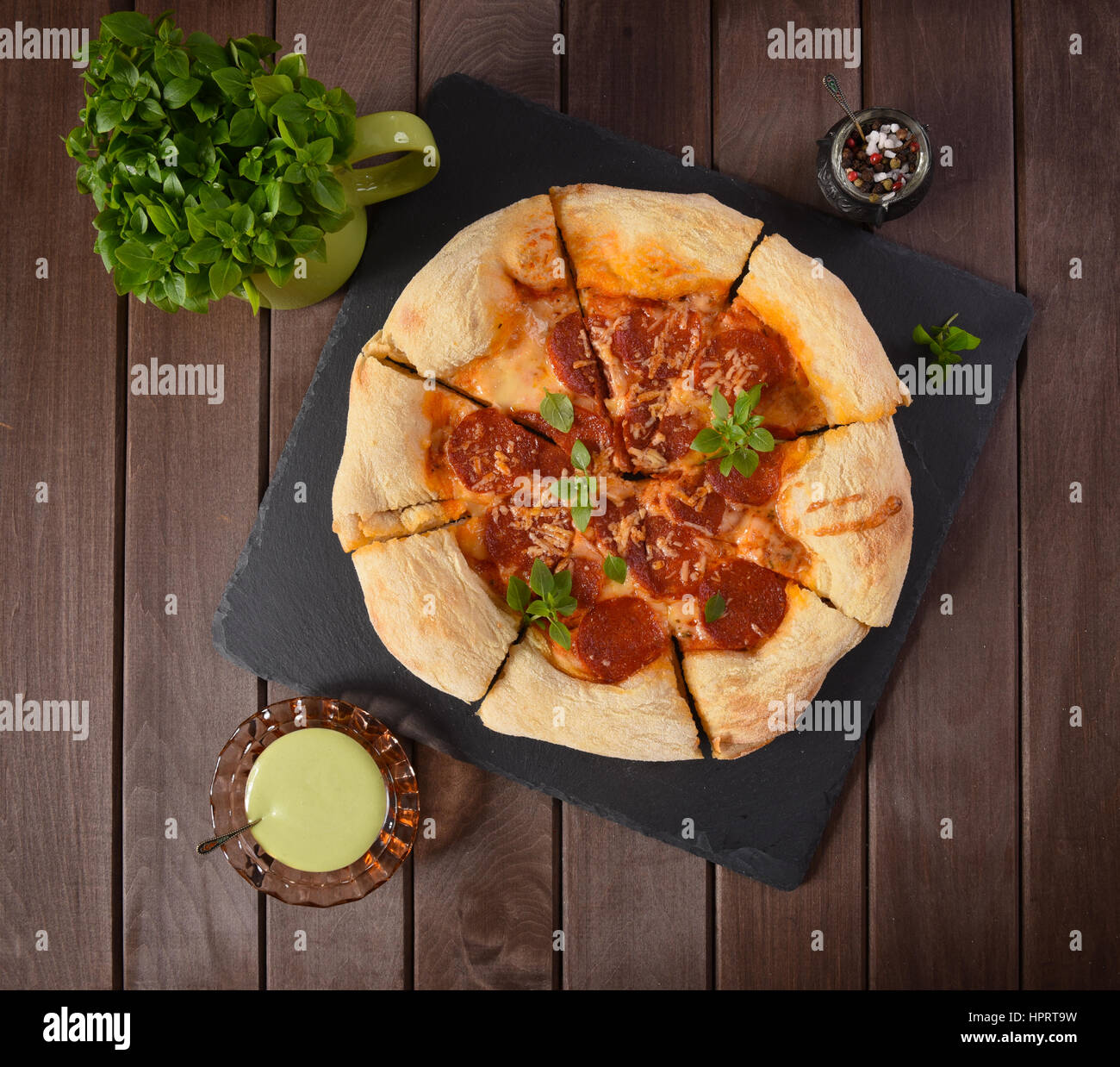 Homemade Pepperoni Pizza on rustic wooden table. Top view Stock Photo ...