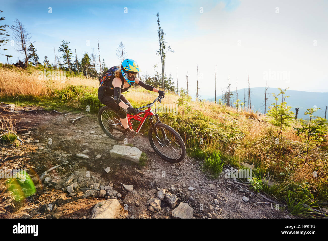 female mountain biker riding downhill on MTB bike Stock Photo - Alamy