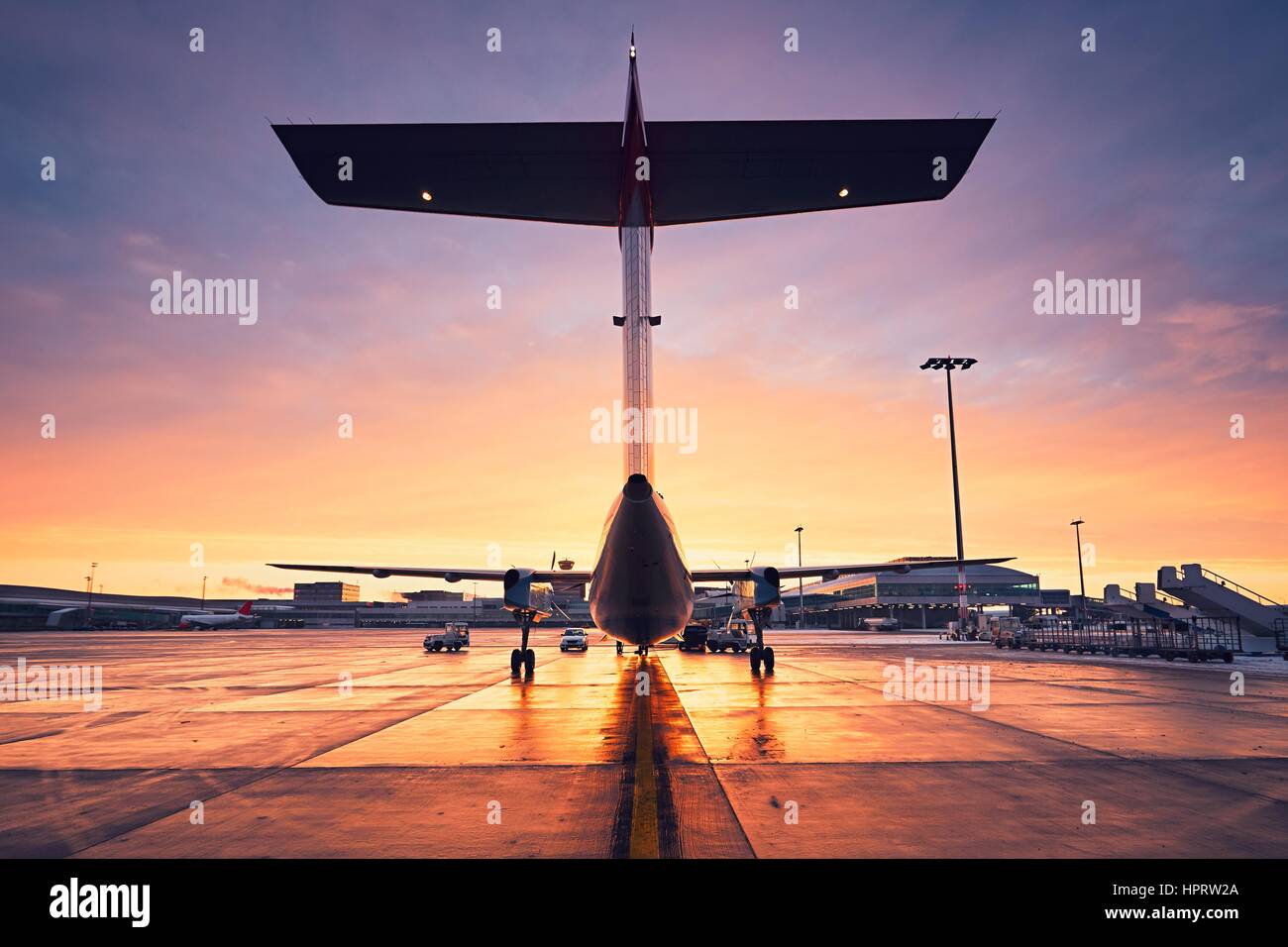 Daily life at the international airport. Preparation of the airplane at ...