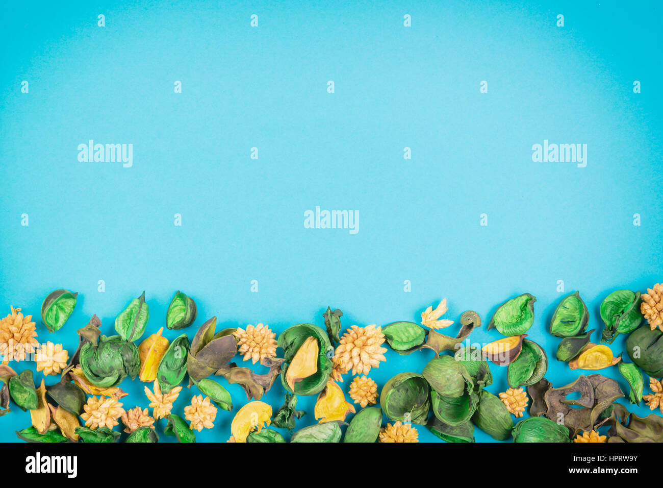 Dried flowers and leaves border frame on blue background. Top view ...