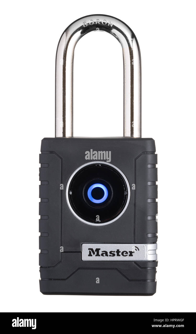 Master Smartlock. Padlock controlled by smartphone app Stock Photo - Alamy