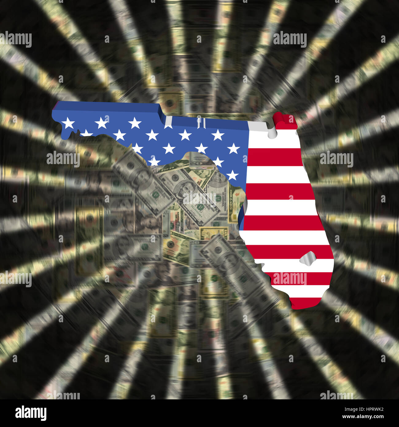 Florida map flag on currency burst illustration Stock Photo - Alamy
