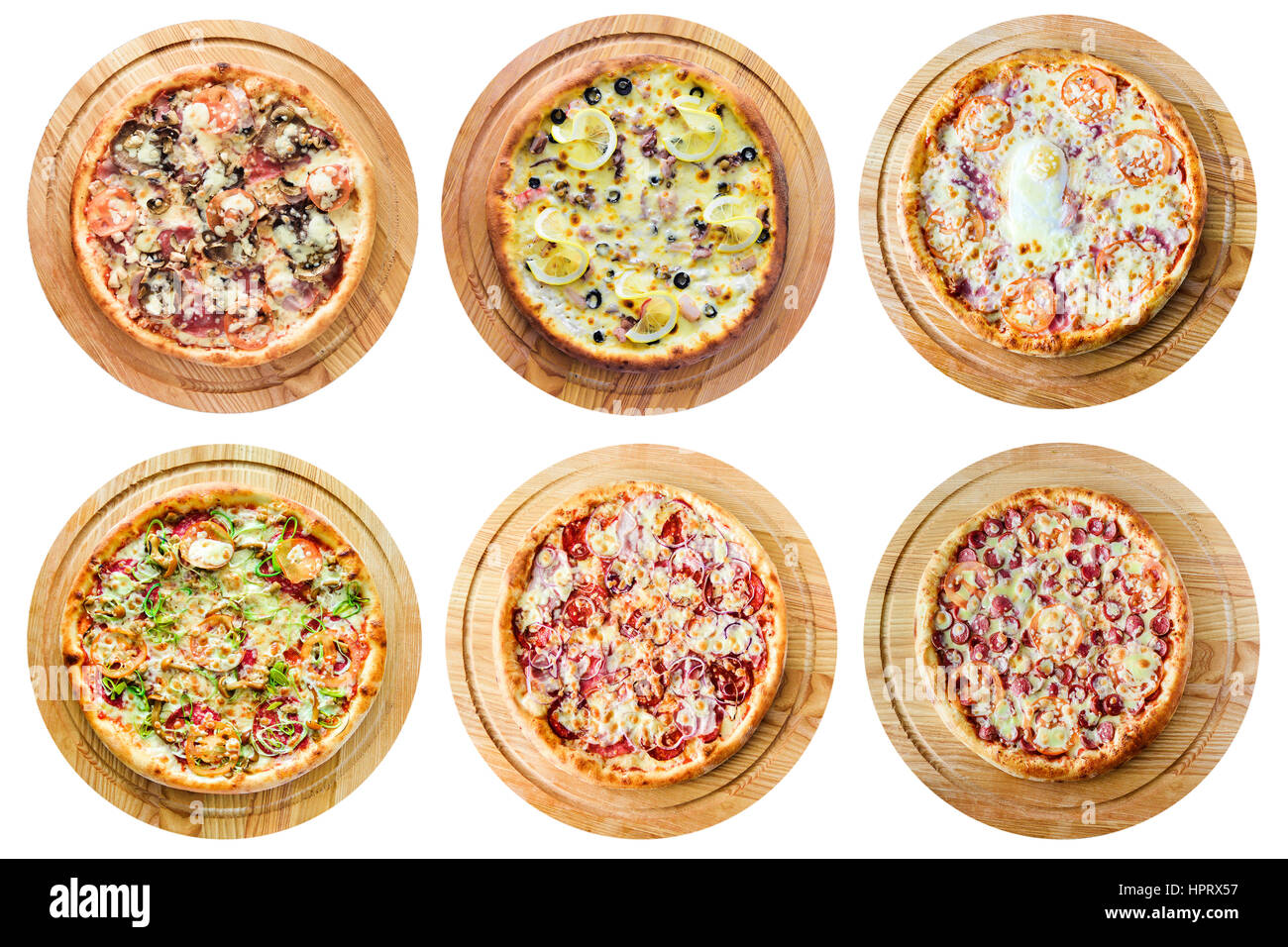Different kinds of pizza on a white background Stock Photo - Alamy