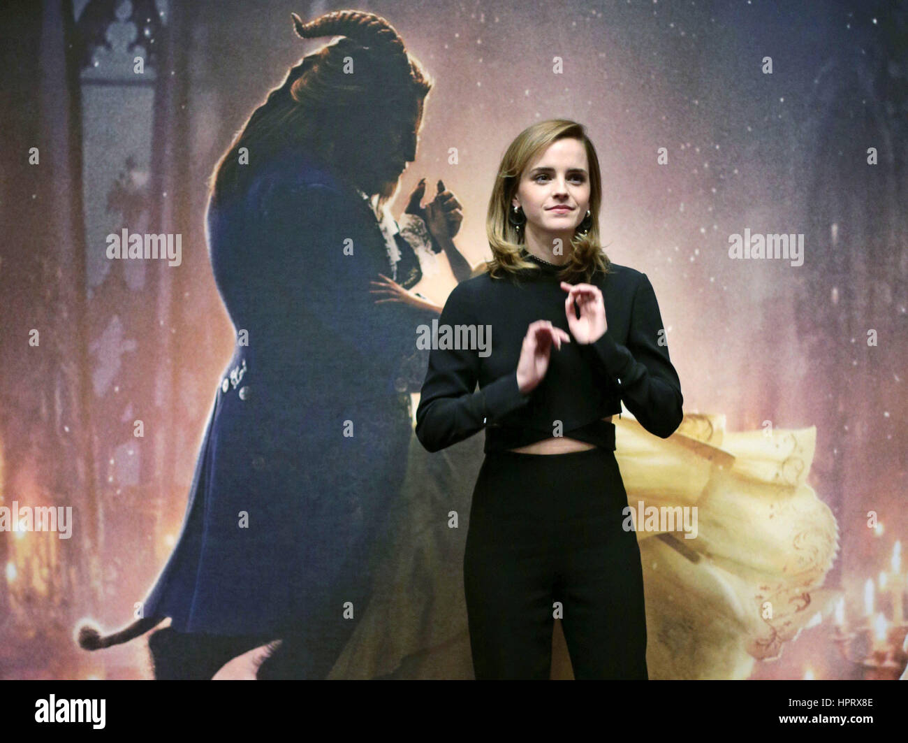 Emma Watson during a photo call with the cast of Beauty and the Beast ...