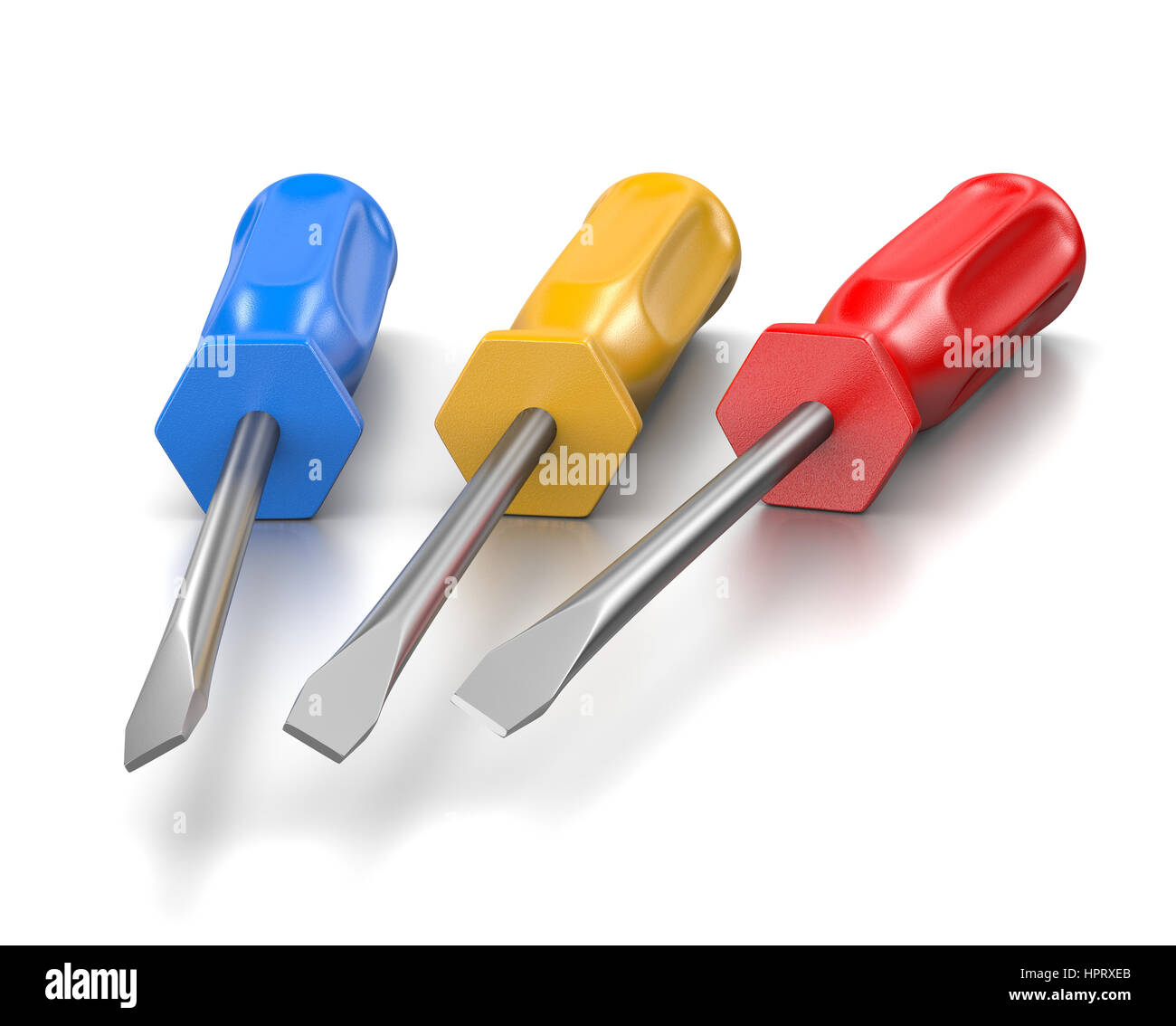 Three Blue, Red and Yellow Screwdrivers on White Background 3D ...