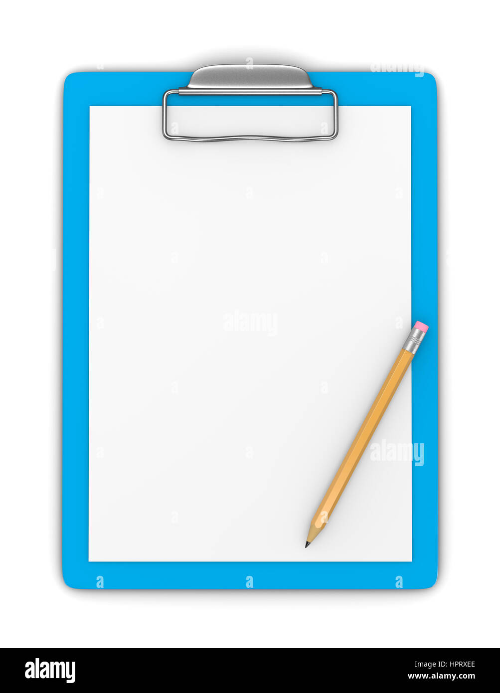 Blue Clipboard with Blank Paper and Pencil on White Background 3D ...