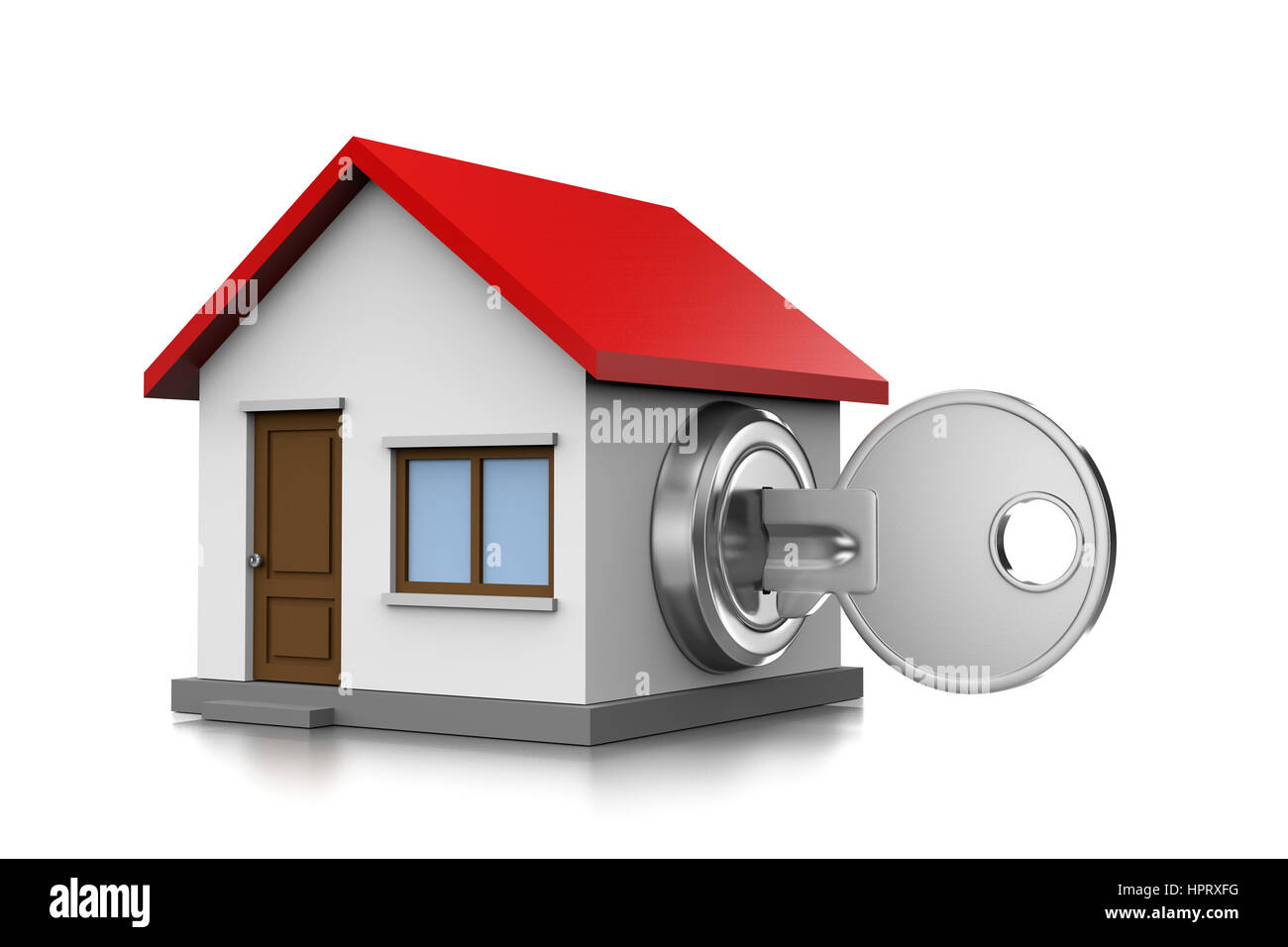 Metal Key Inserted in an House Shaped Lock 3D Illustration on White ...