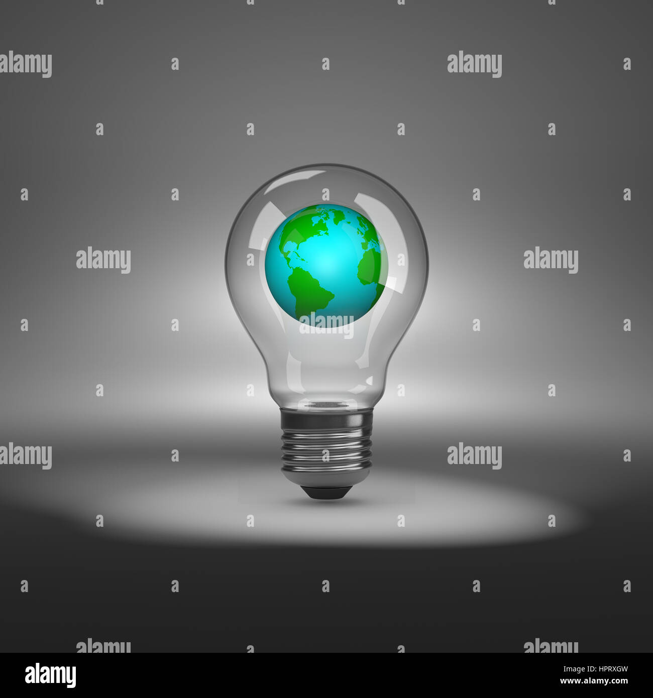 Light Bulb under Spotlight with the Earth Planet Inside 3D Illustration ...