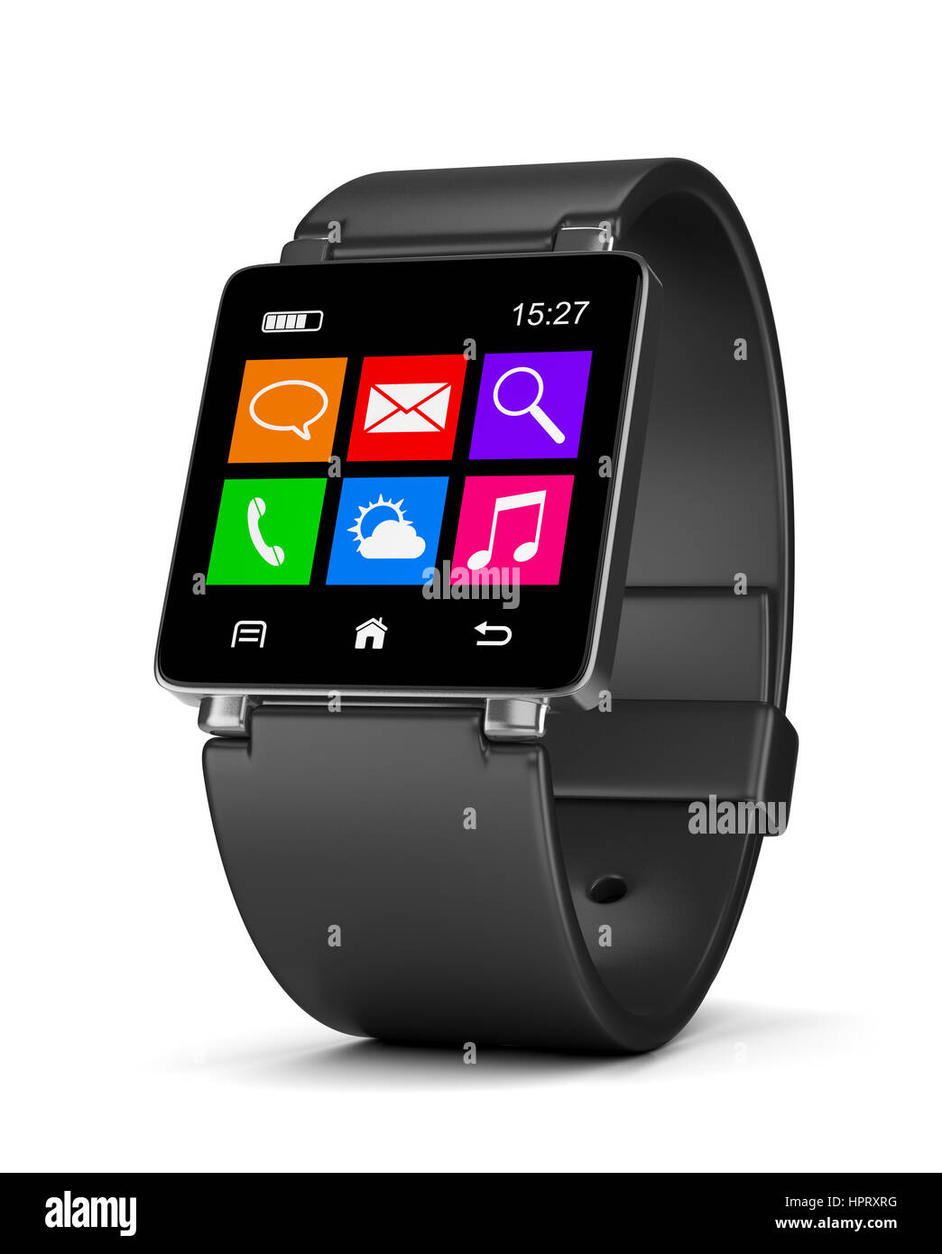Black Smartwatch with App Icons, Time and Battery Level on Display on ...