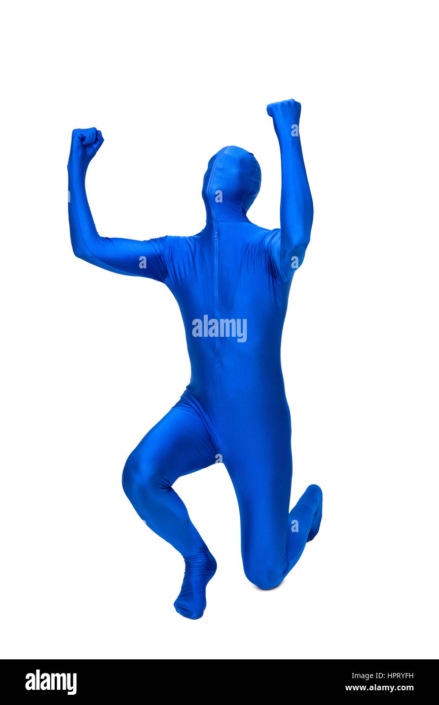 Mysterious blue man in morphsuit rejoice Stock Photo - Alamy
