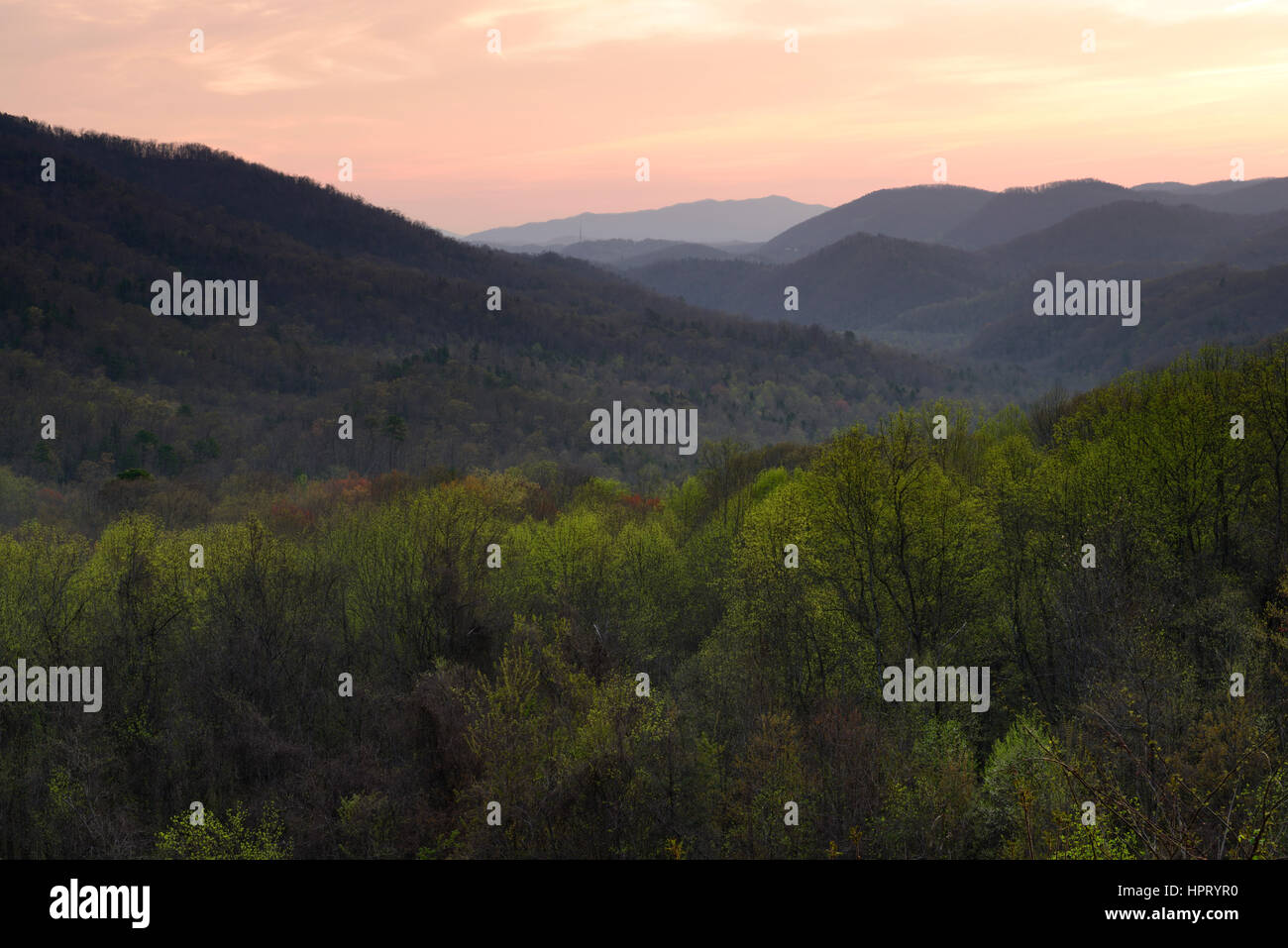 Sunset, Foothills parkway, scene, scenic, scenery, spring, green leaves ...