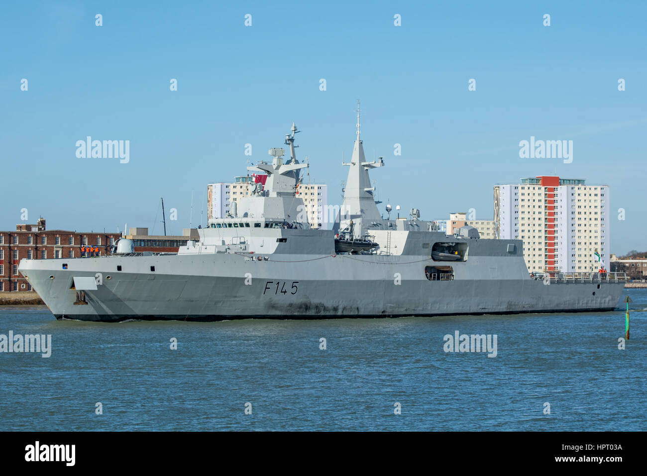 SAS Amatola (F145) a South African Navy Warship, leaving Portsmouth, UK ...