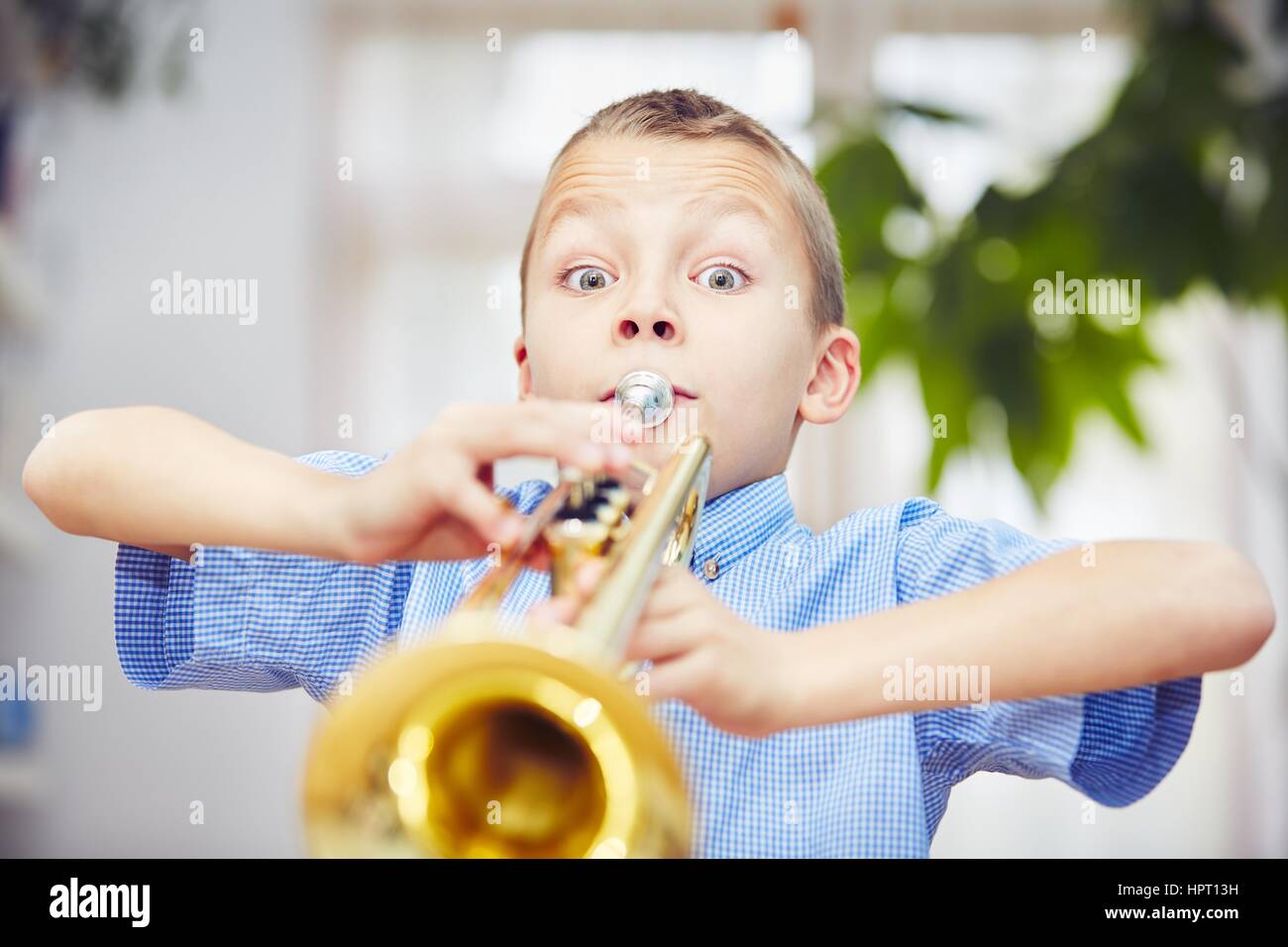 Little boy is playing the trumpet at home Stock Photo - Alamy