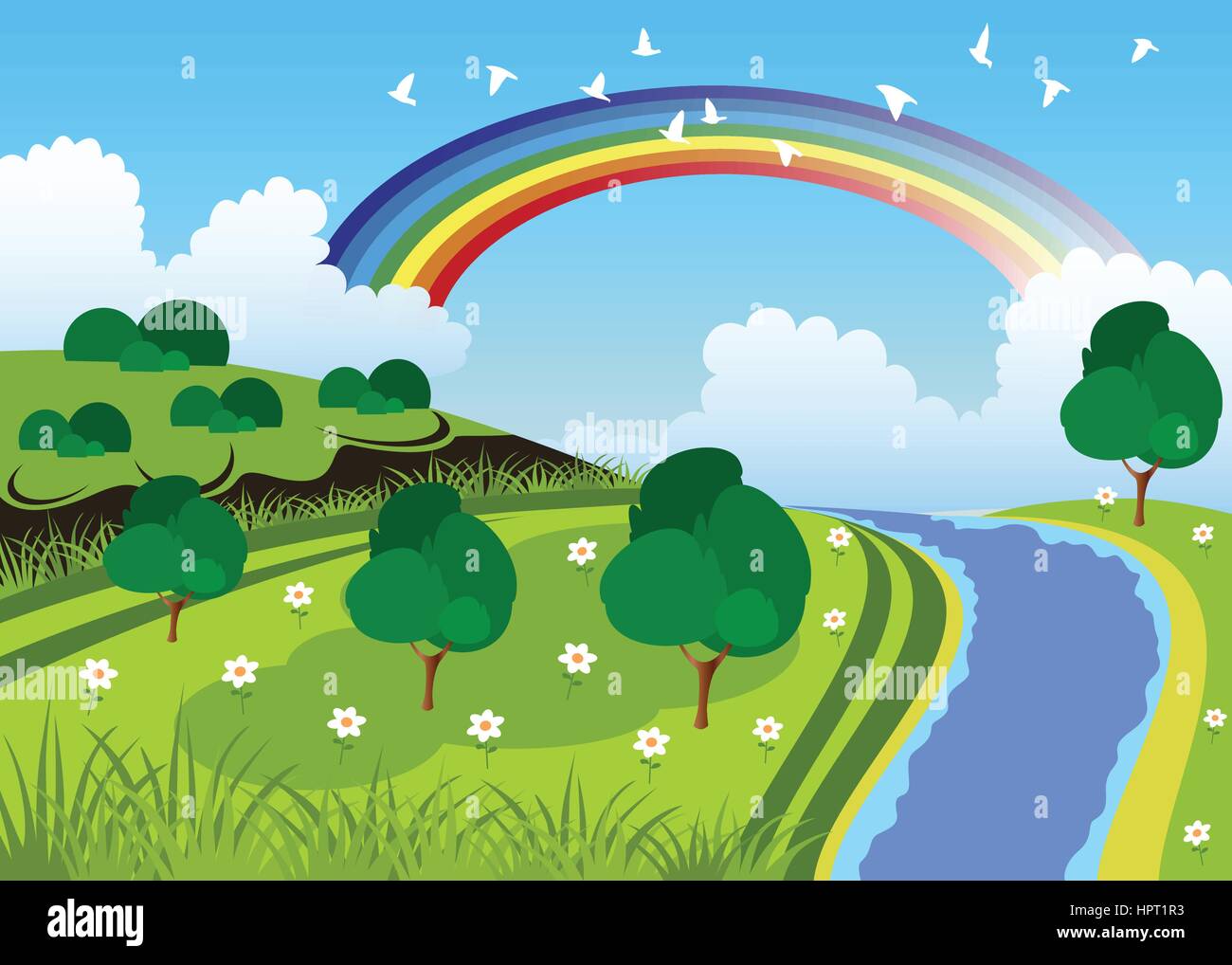 Beautiful green landscape illustration with a river Stock Vector Image ...