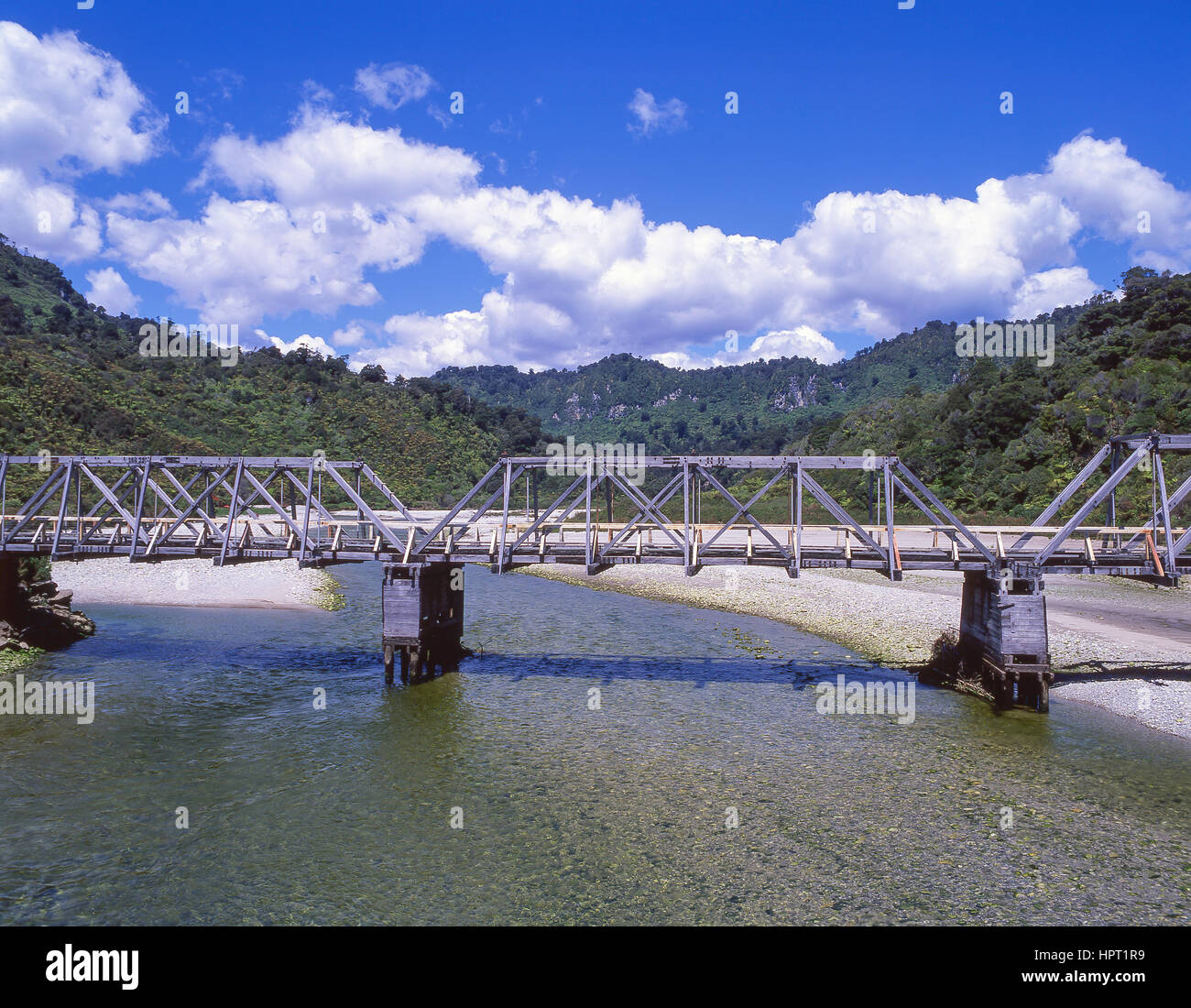 Historic wooden bridge, Fox River, Paparoa National Park, West Coast ...