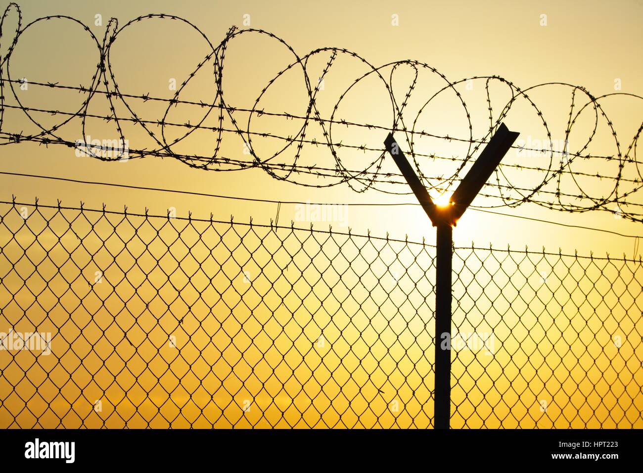 Fence covered with barbed razor wire Stock Photo - Alamy