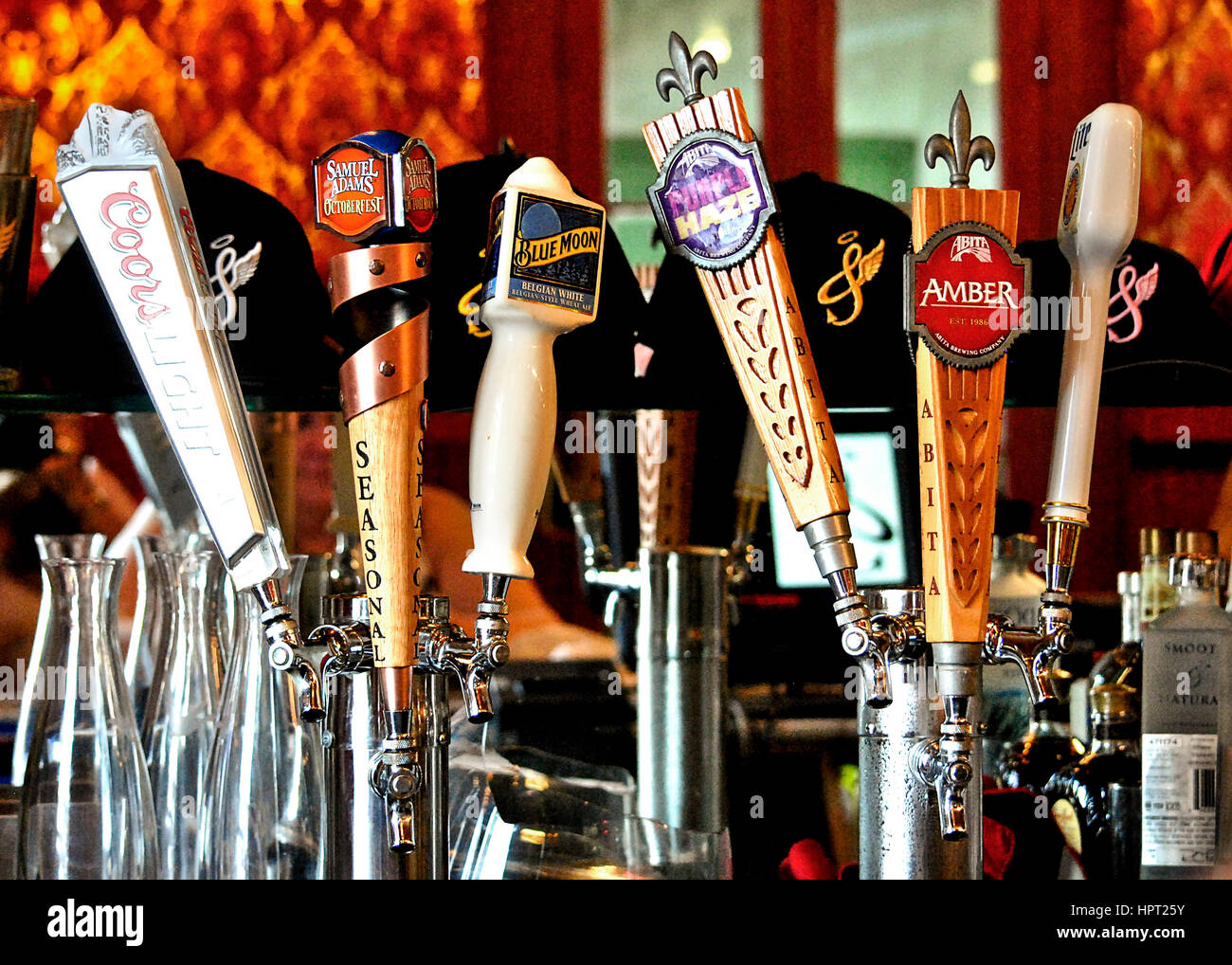 Beer dispensers of a bar Stock Photo - Alamy