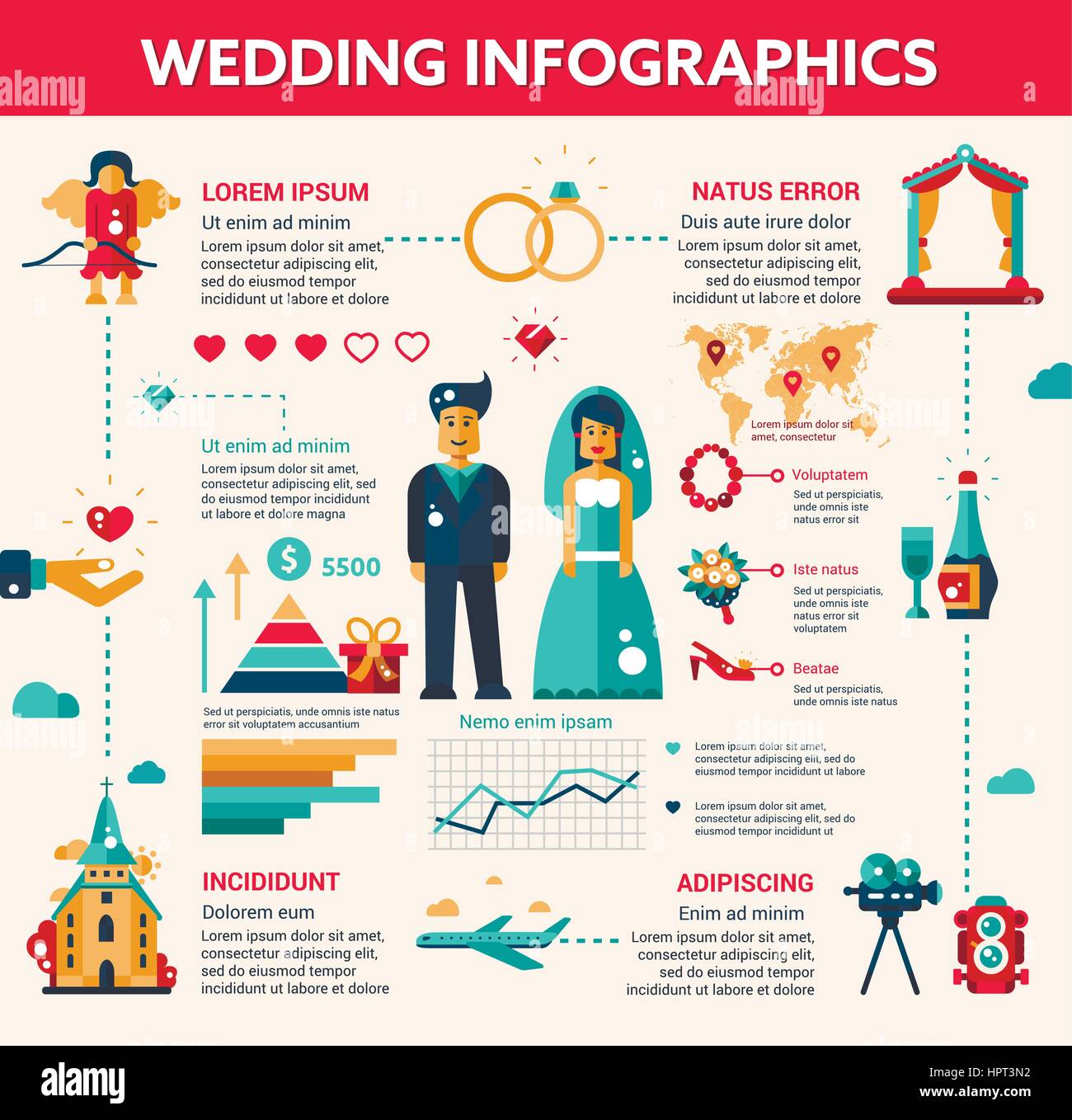 Wedding vector illustrative template set with infographic elements ...