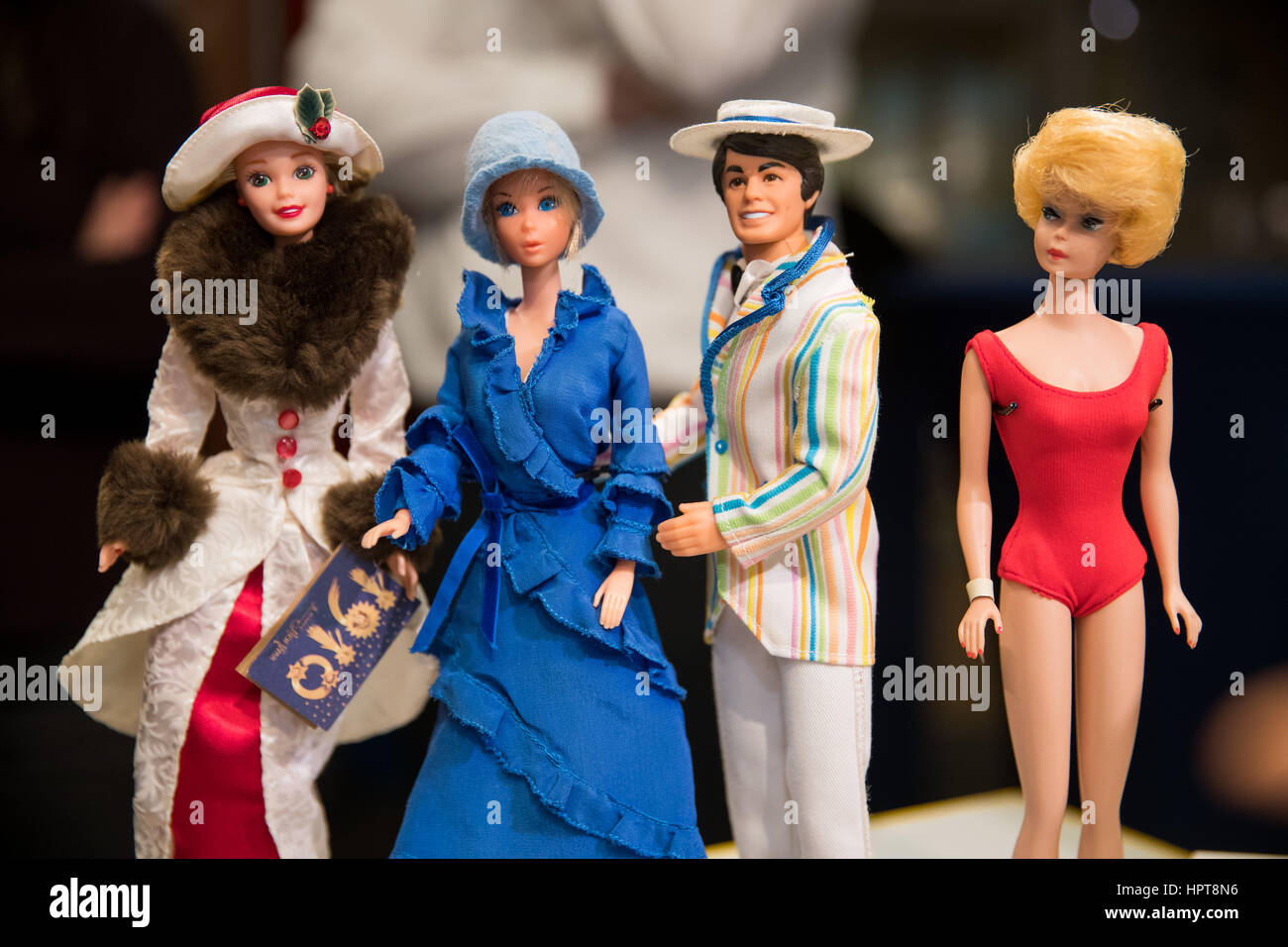 Nuremberg, Germany. 24th Feb, 2017. Barbie dolls from 1995 (l-r), 1975 ...
