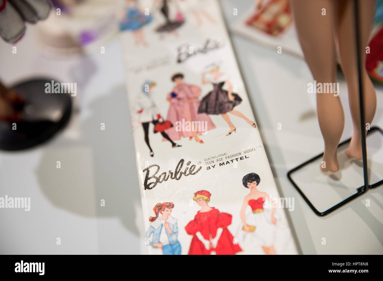 Nuremberg, Germany. 24th Feb, 2017. The box of a historical Barbie doll ...