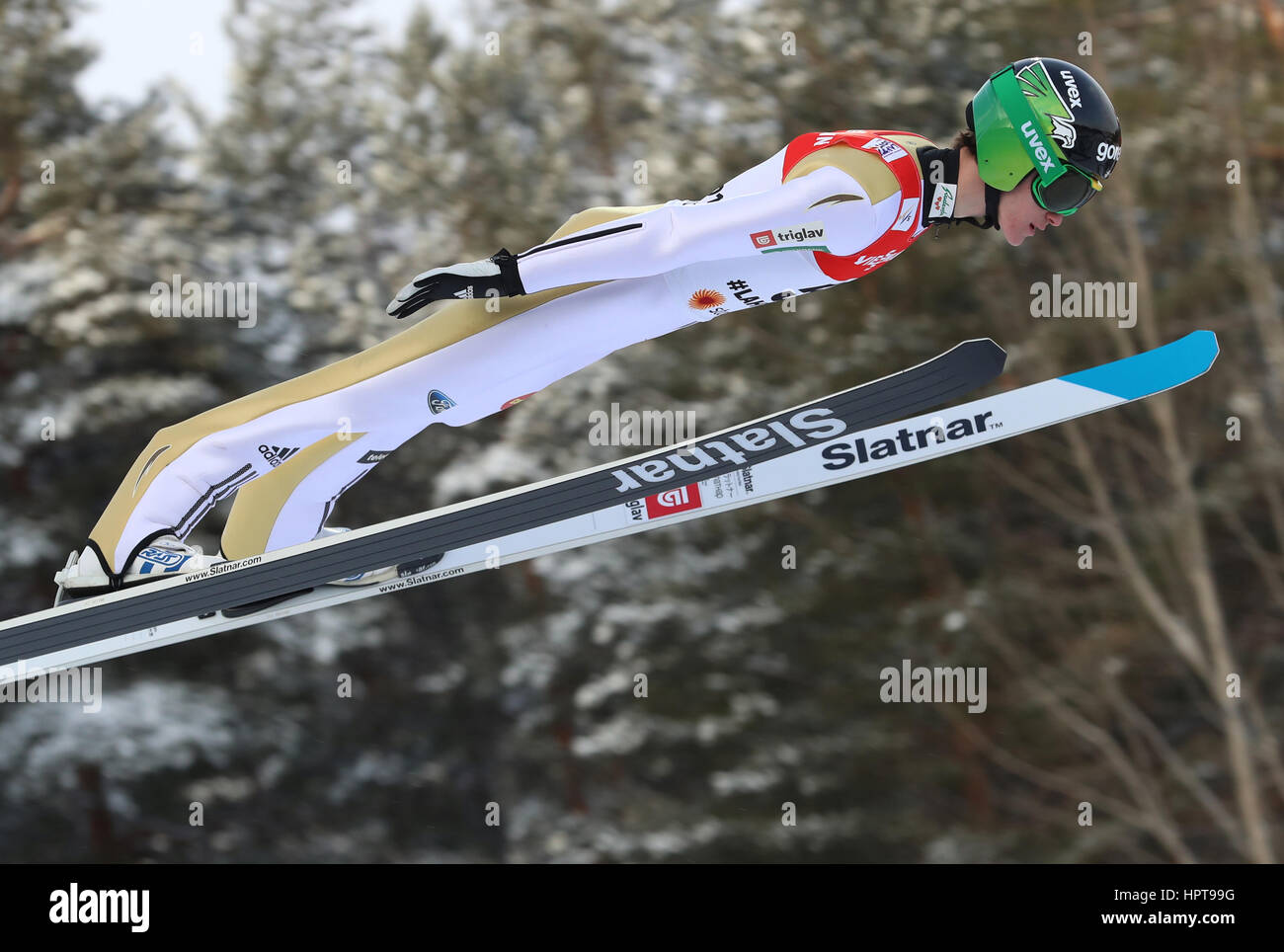 Lahti, Finland. 24th Feb, 2017. Slovenian athlete Peter Prevc in mid ...