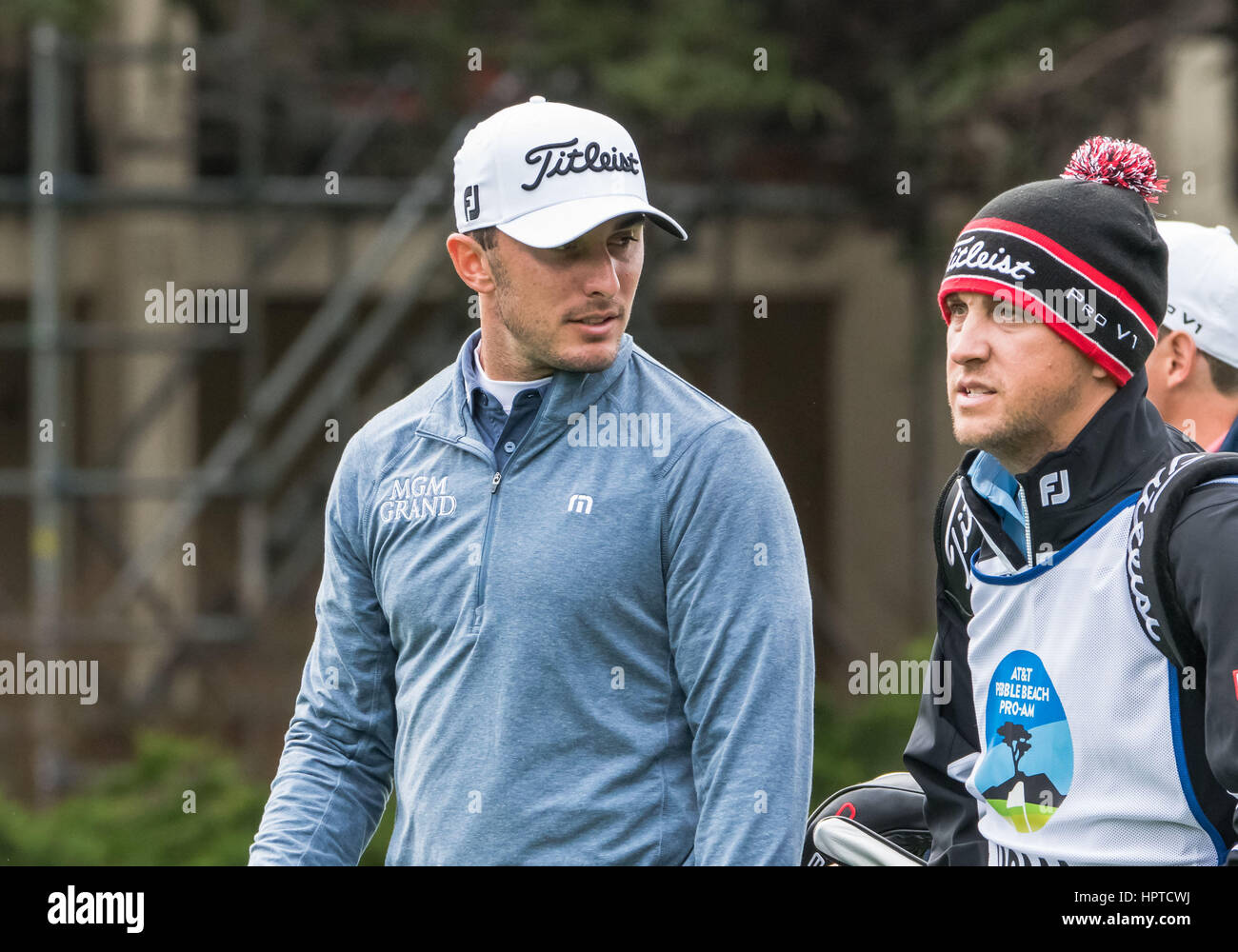 February 10th 2017, Pebble Beach, California, USA; Max Homa talks with his caddy as they head ...