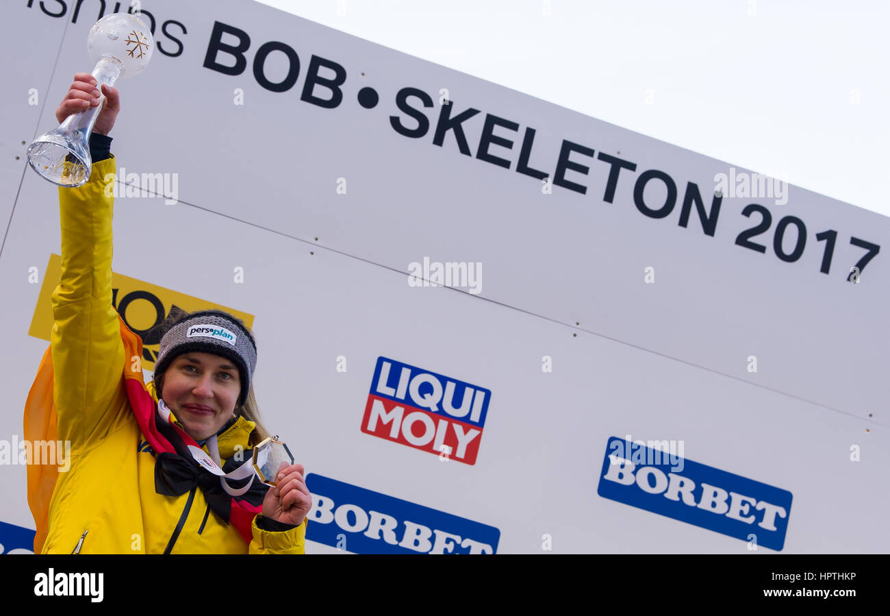 Skeleton pilot Jacqueline Loelling of Germany cheers after winning 1st ...