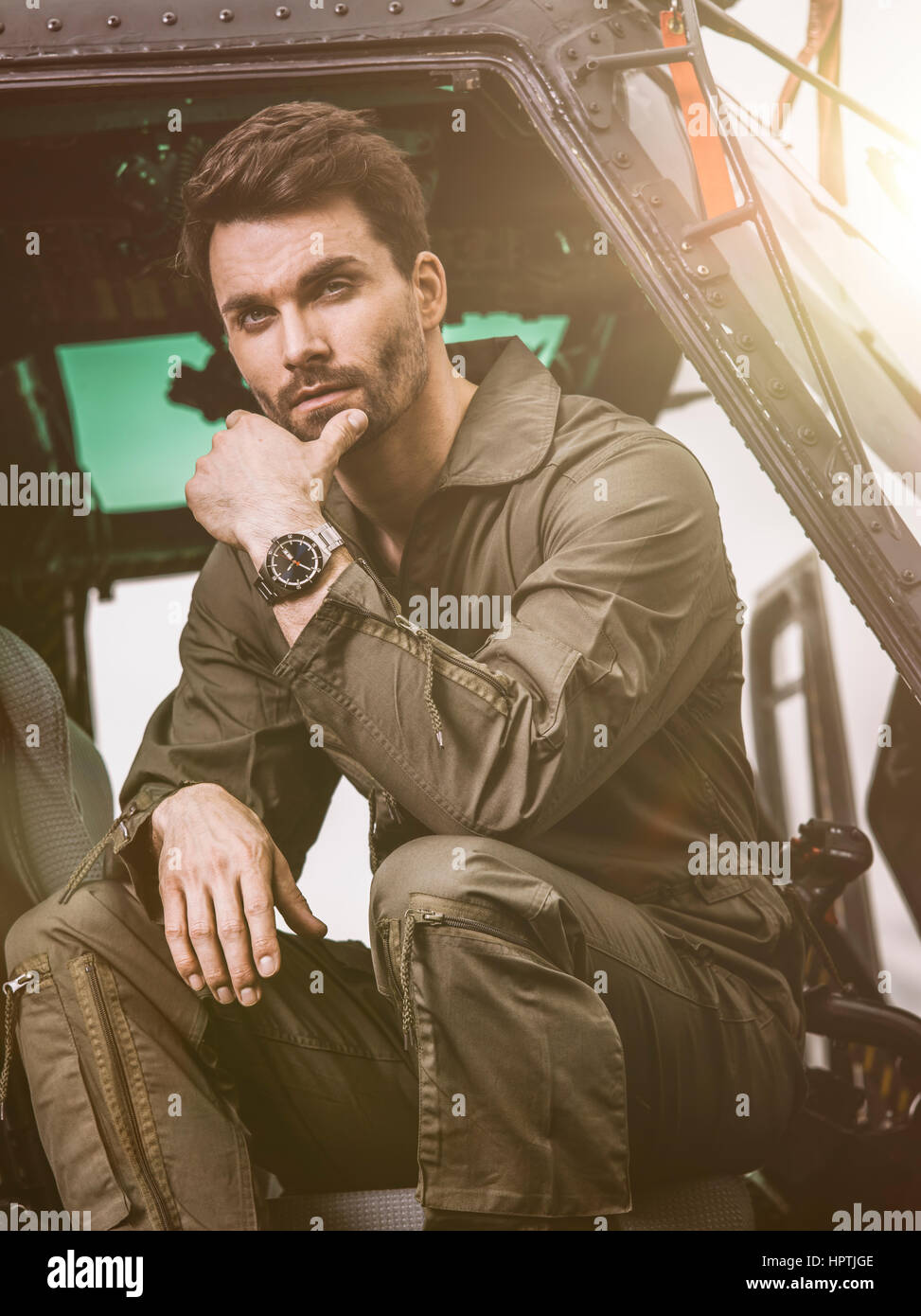 Portrait of pilot in helicopter Stock Photo - Alamy