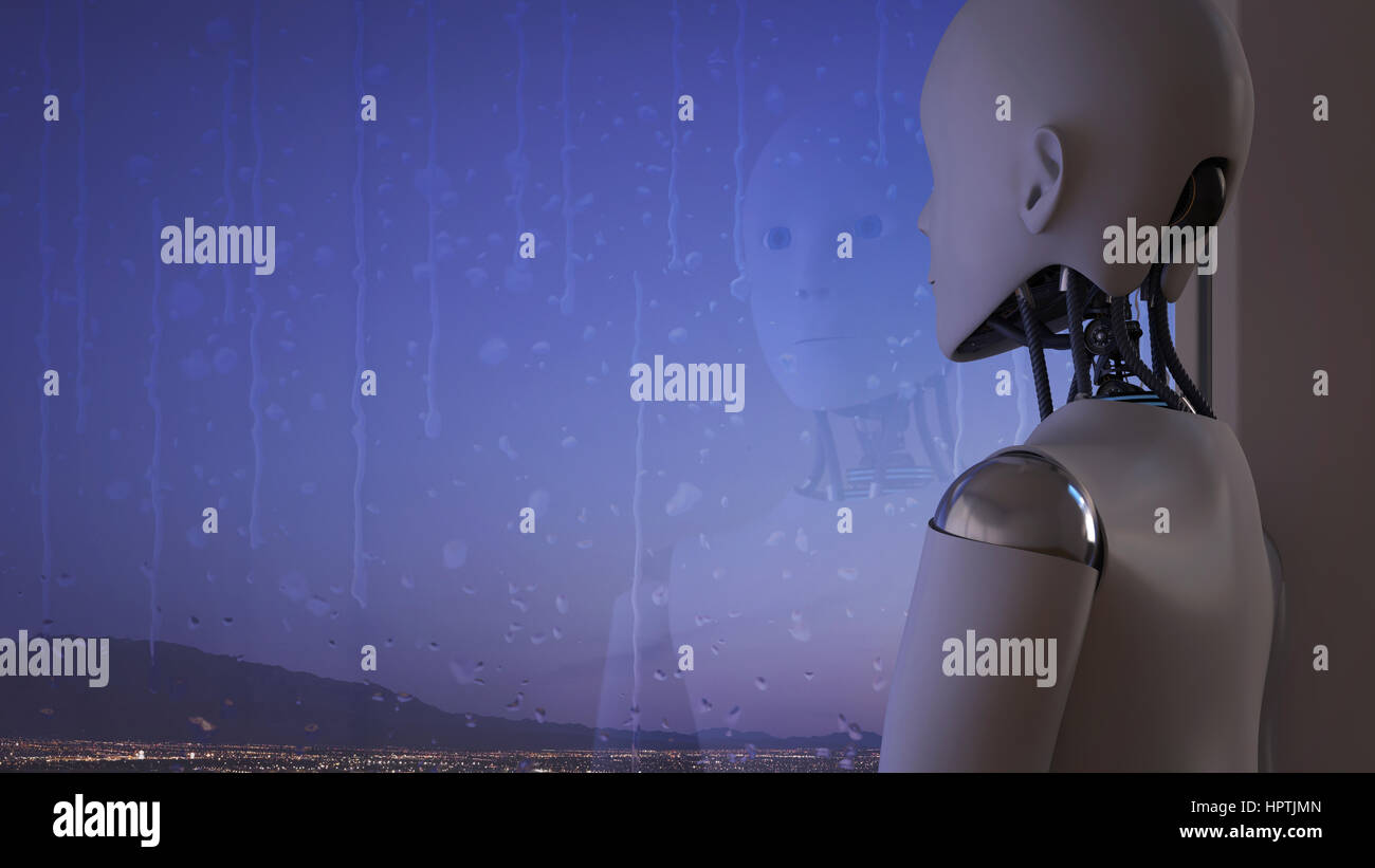 Robot looking out of rainy window Stock Photo - Alamy