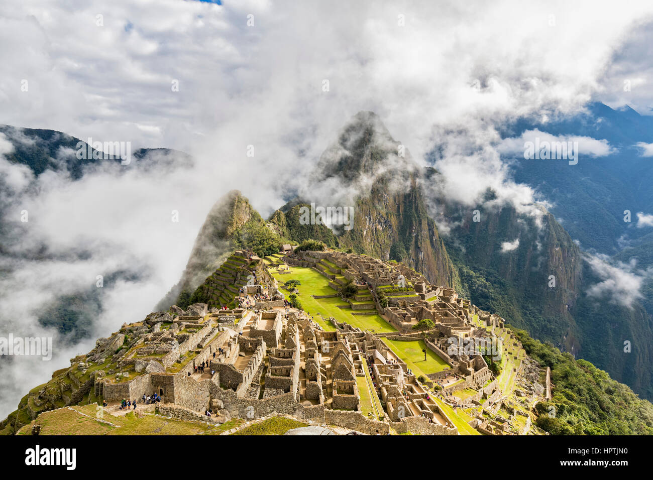 Peru, Andes, Urubamba Valley, Machu Picchu with mountain Huayna Picchu ...
