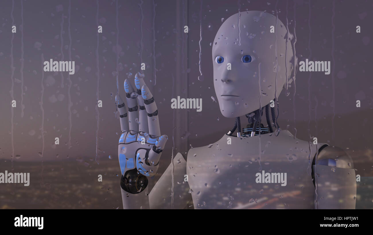 Robot looking out of rainy window Stock Photo - Alamy