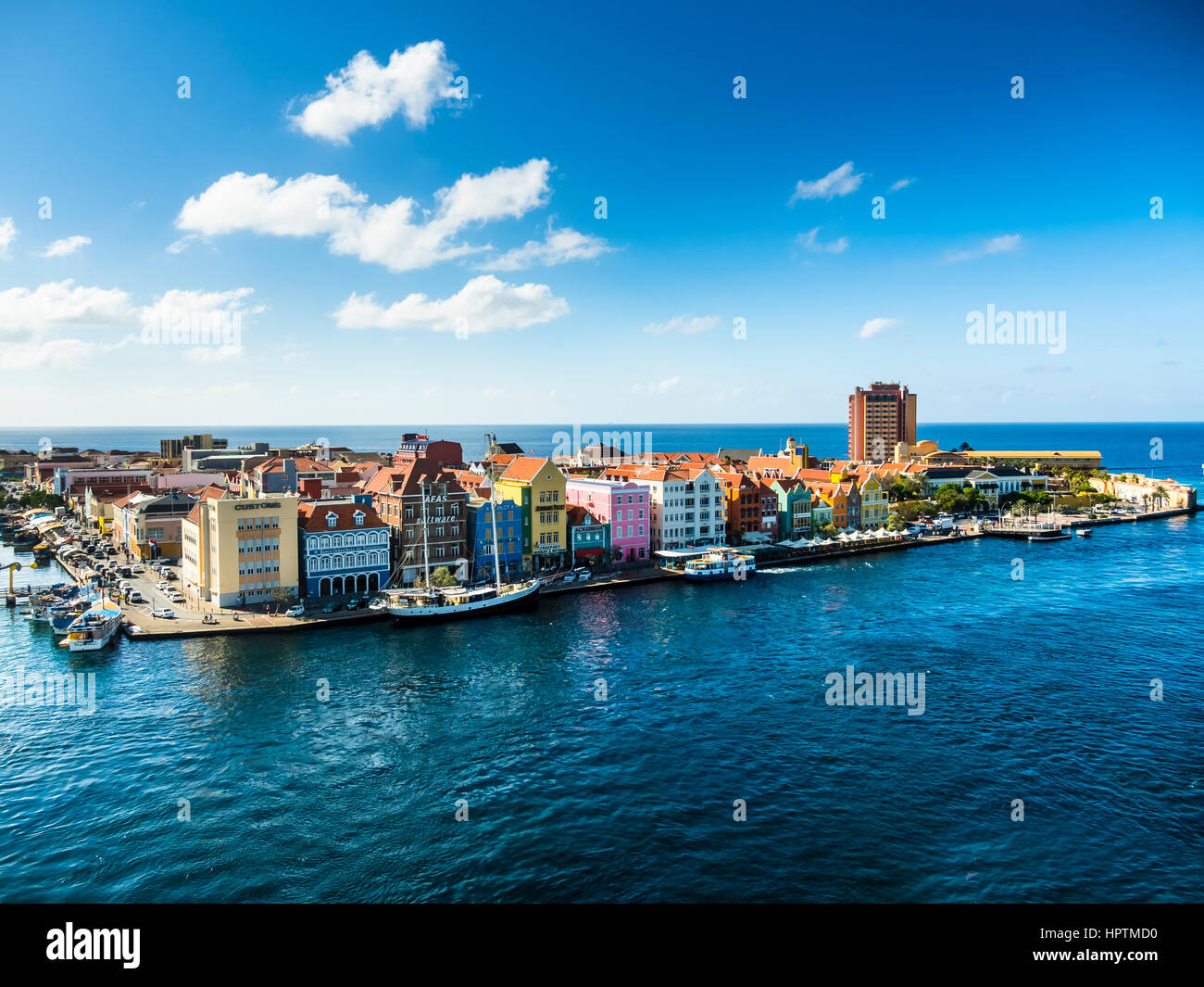 Curacao, Willemstad, Punda, colorful houses at waterfront promenade ...
