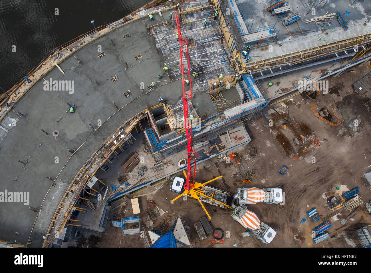 Giant concrete pump on construction site, top view Stock Photo - Alamy