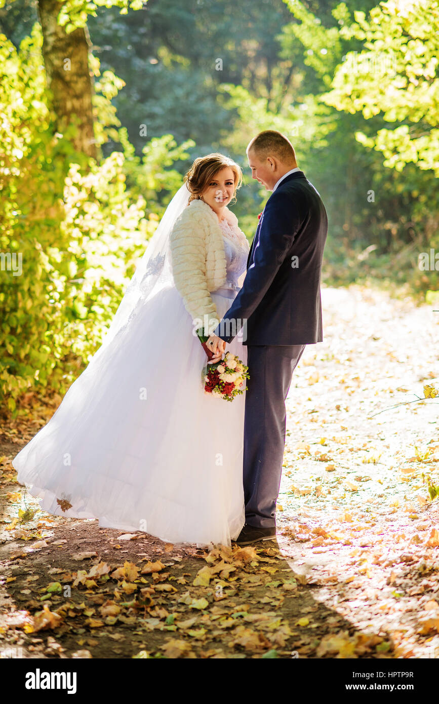 Loving wedding couple hugging at autumn forest with yellow leaves and sunny day Stock Photo - Alamy