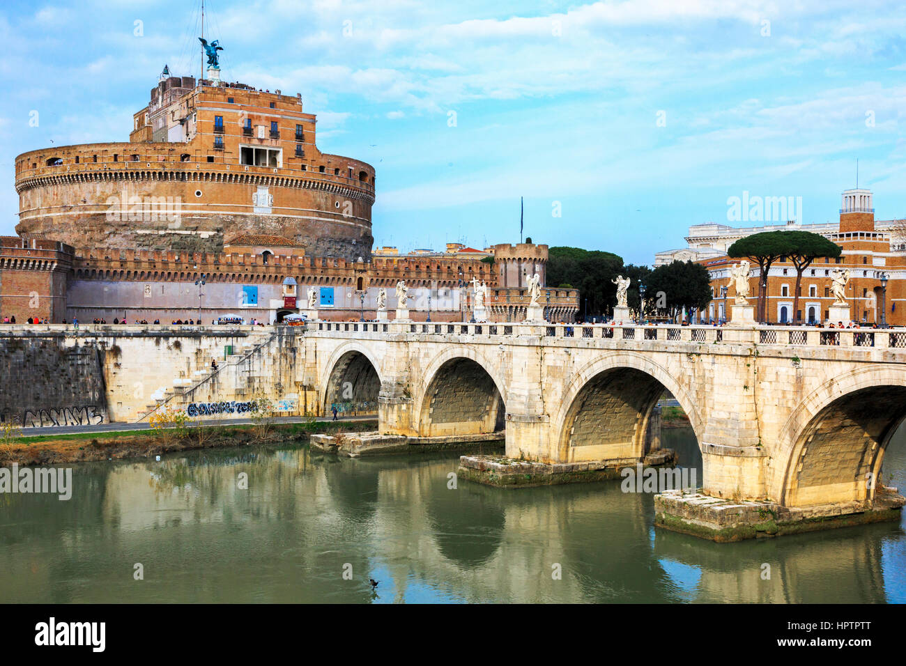 Castel Sant Angelo, with the bridge Pont Sant Angelo across the River Tiber in Parco Adriano ...