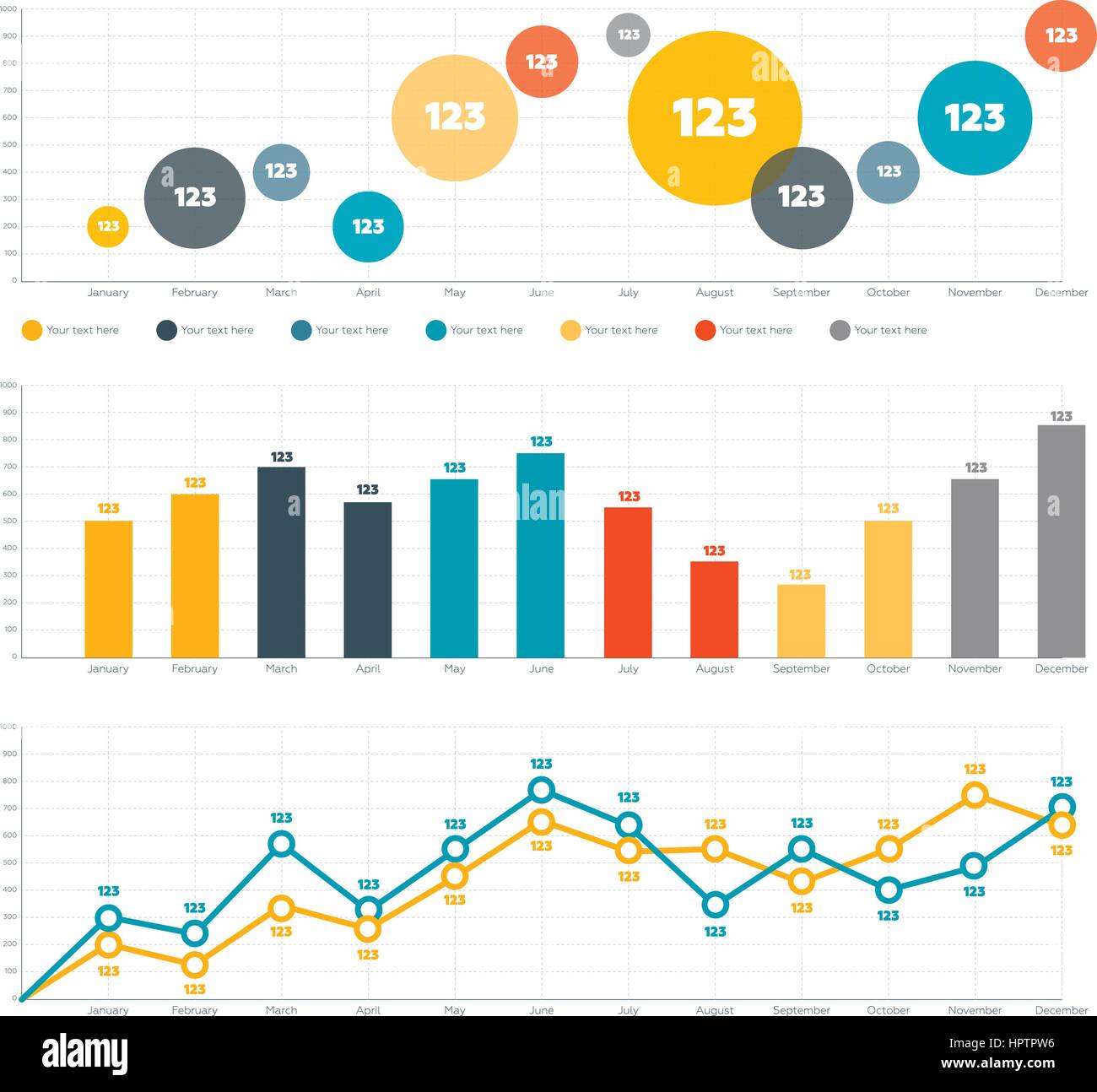 Line chart, bar chart and circle diagram Stock Vector Image & Art - Alamy
