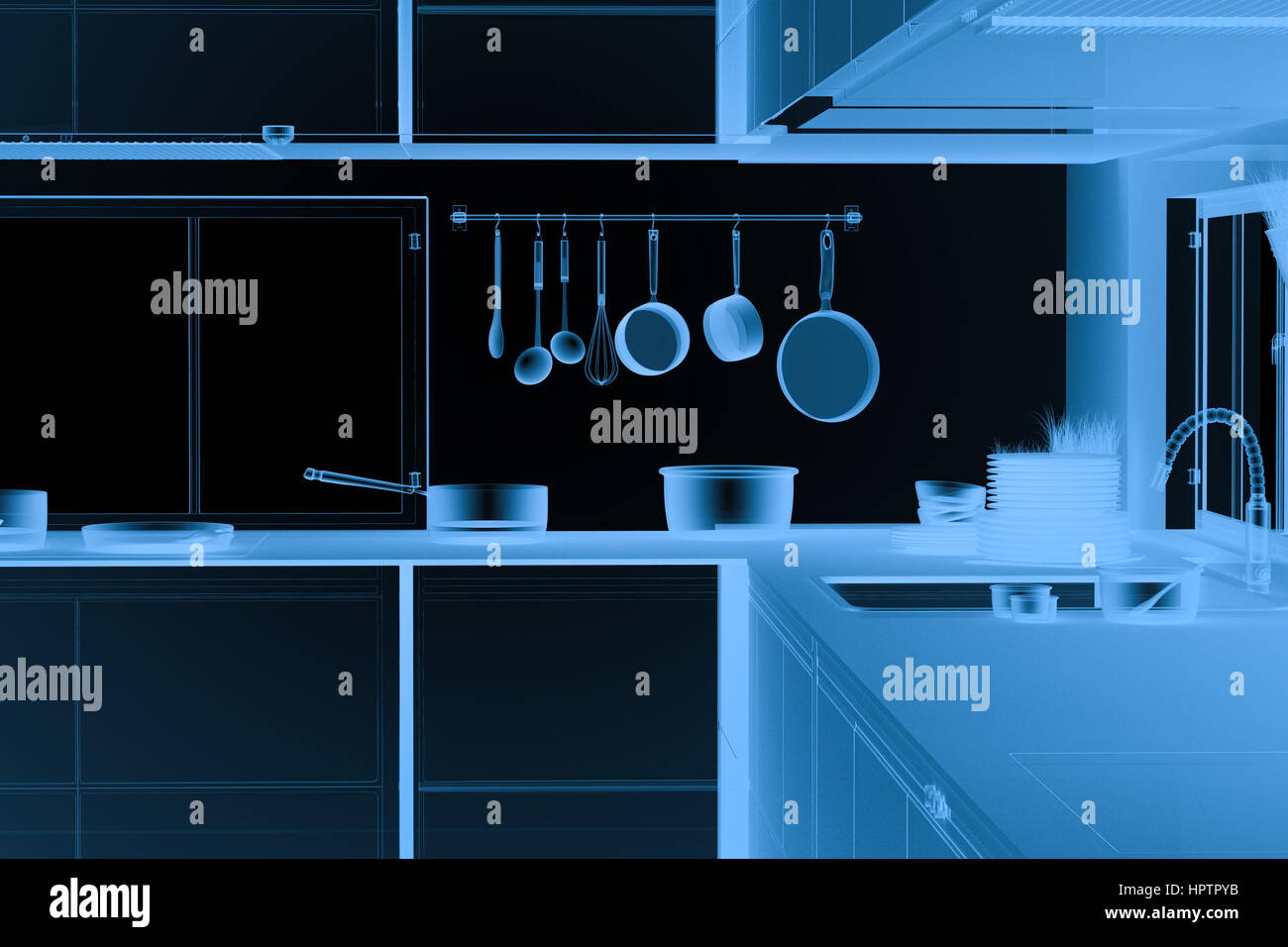 3d rendering x ray kitchen interior isolated on black Stock Photo - Alamy