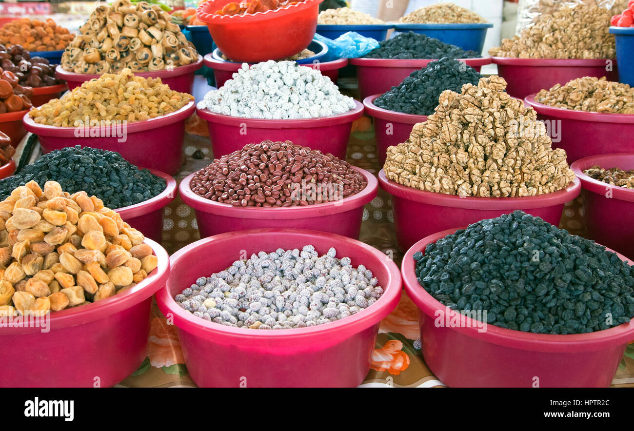 Dried fruit and nuts at a market in Bukhara, Uzbekistan Stock Photo - Alamy