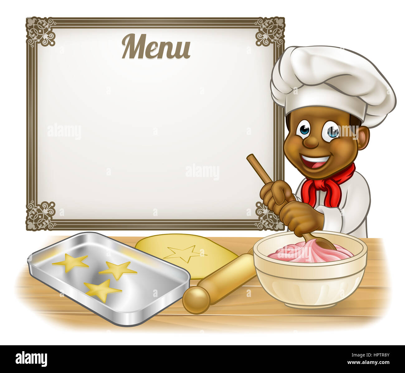 Black baker or pastry chef cartoon character baking with a menu sign in ...