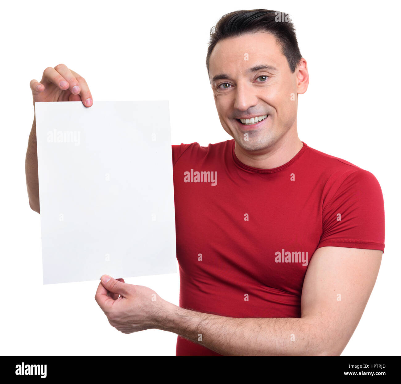 young athletic man showing blank card isolated on white background ...