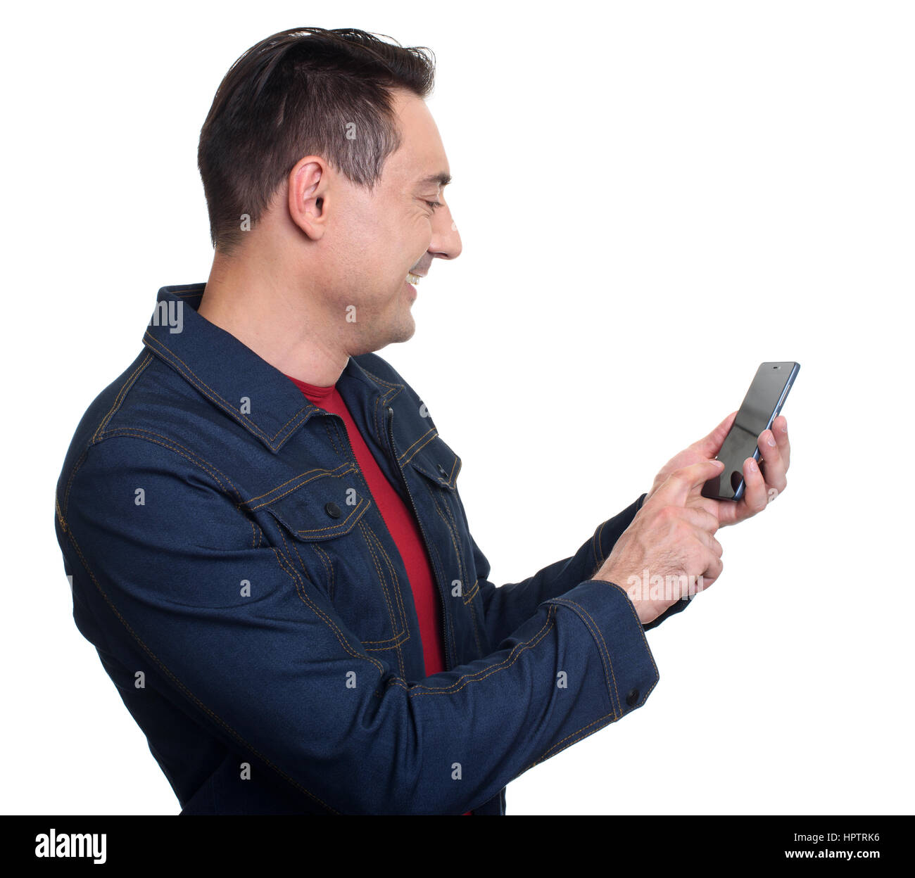 Happy Young Man Using Mobile Phone Isolated On White Background Stock ...