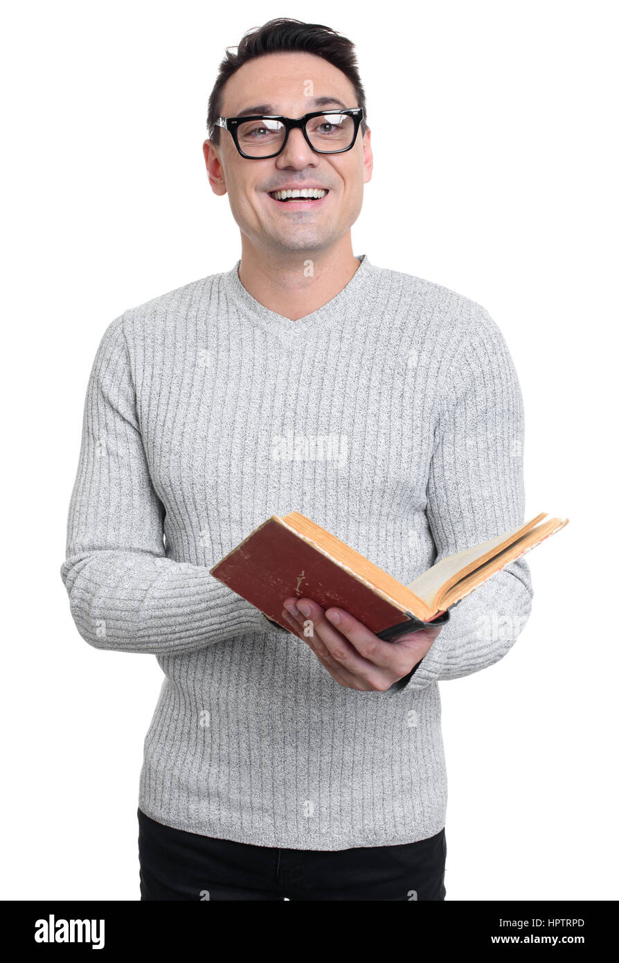 Smiling young man holding a book isolated on white background Stock ...