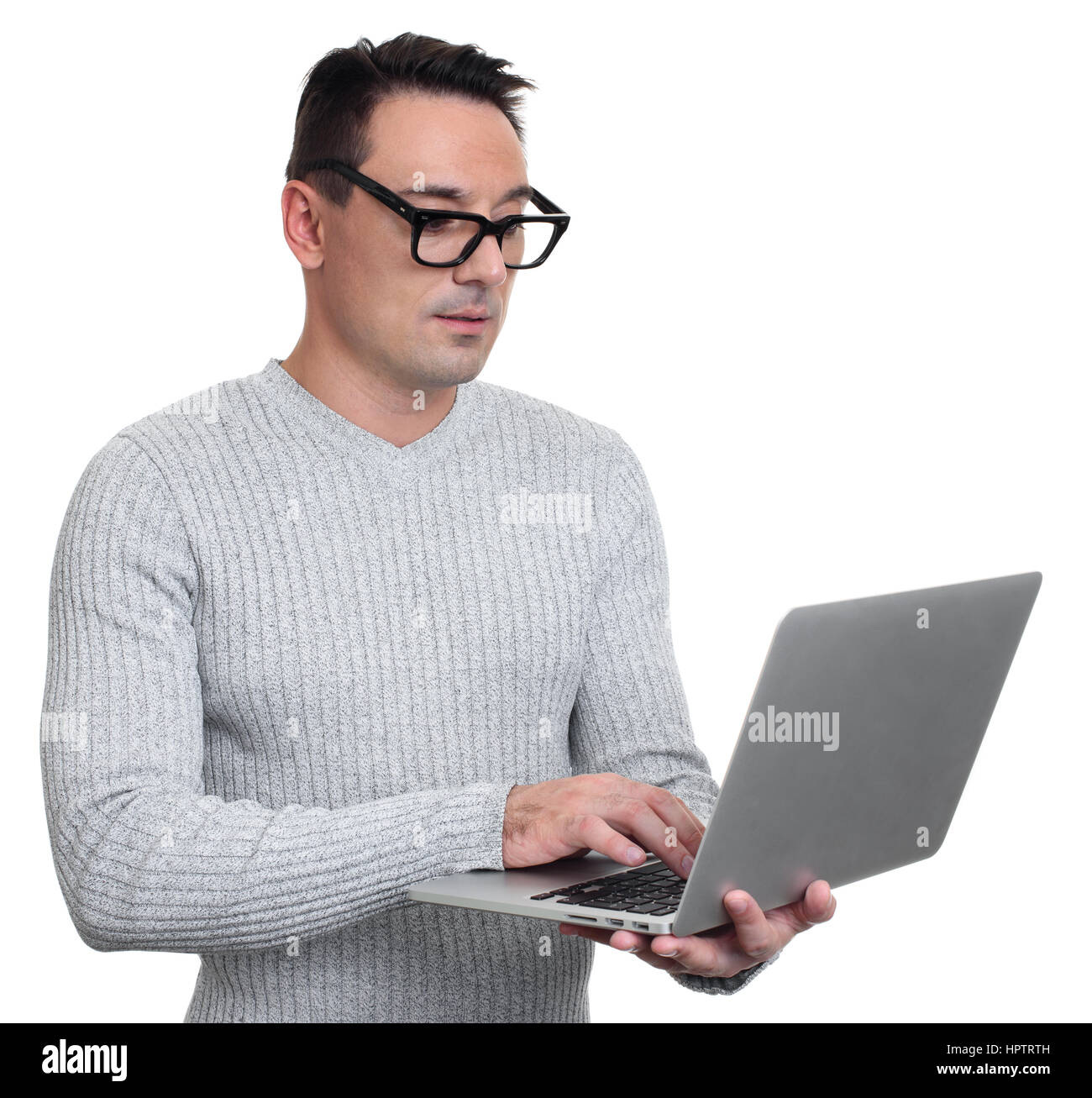 office worker using laptop. Isolated on white background Stock Photo ...