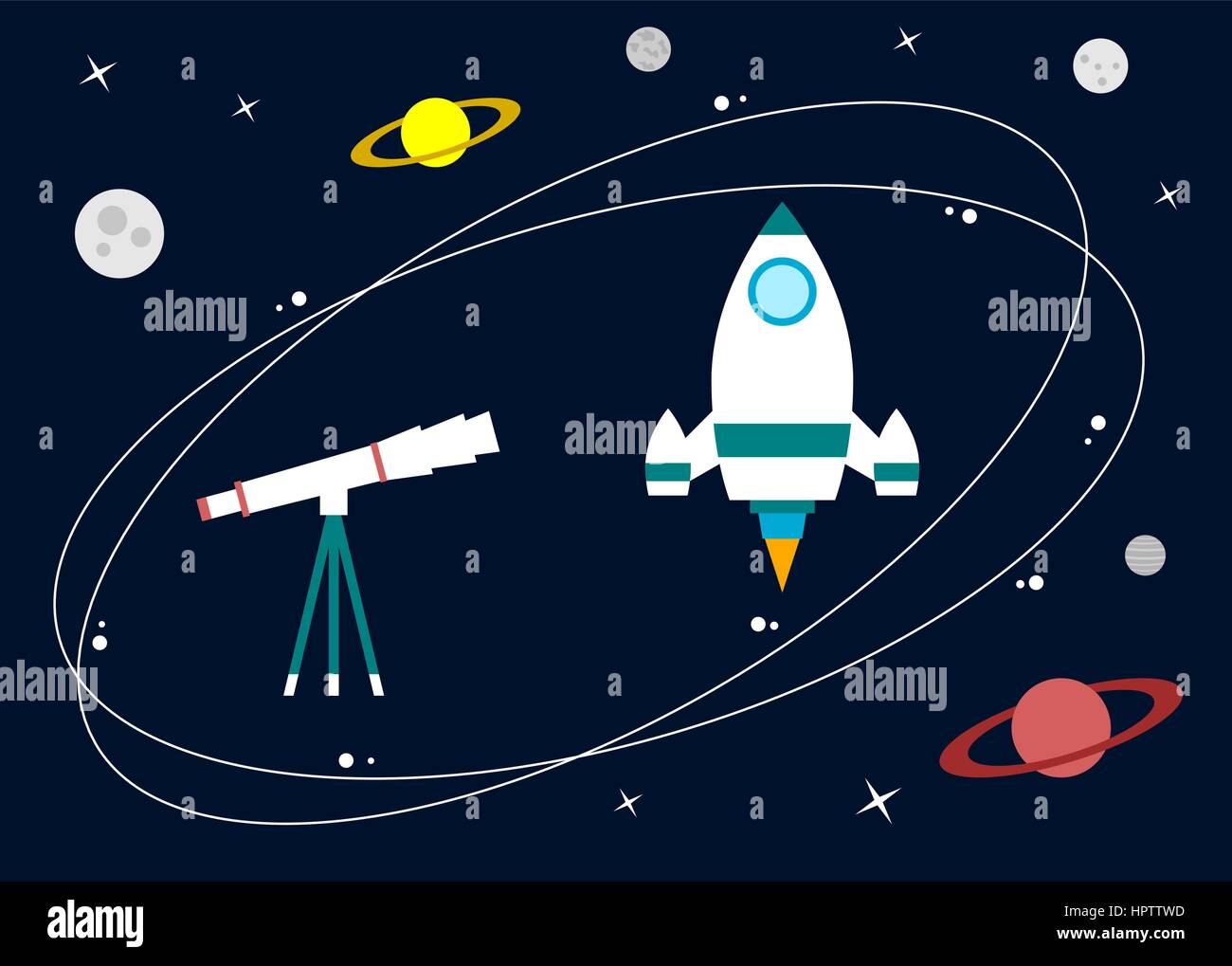 Astronomy concept with rocket, telescope, planets and stars. Space ...