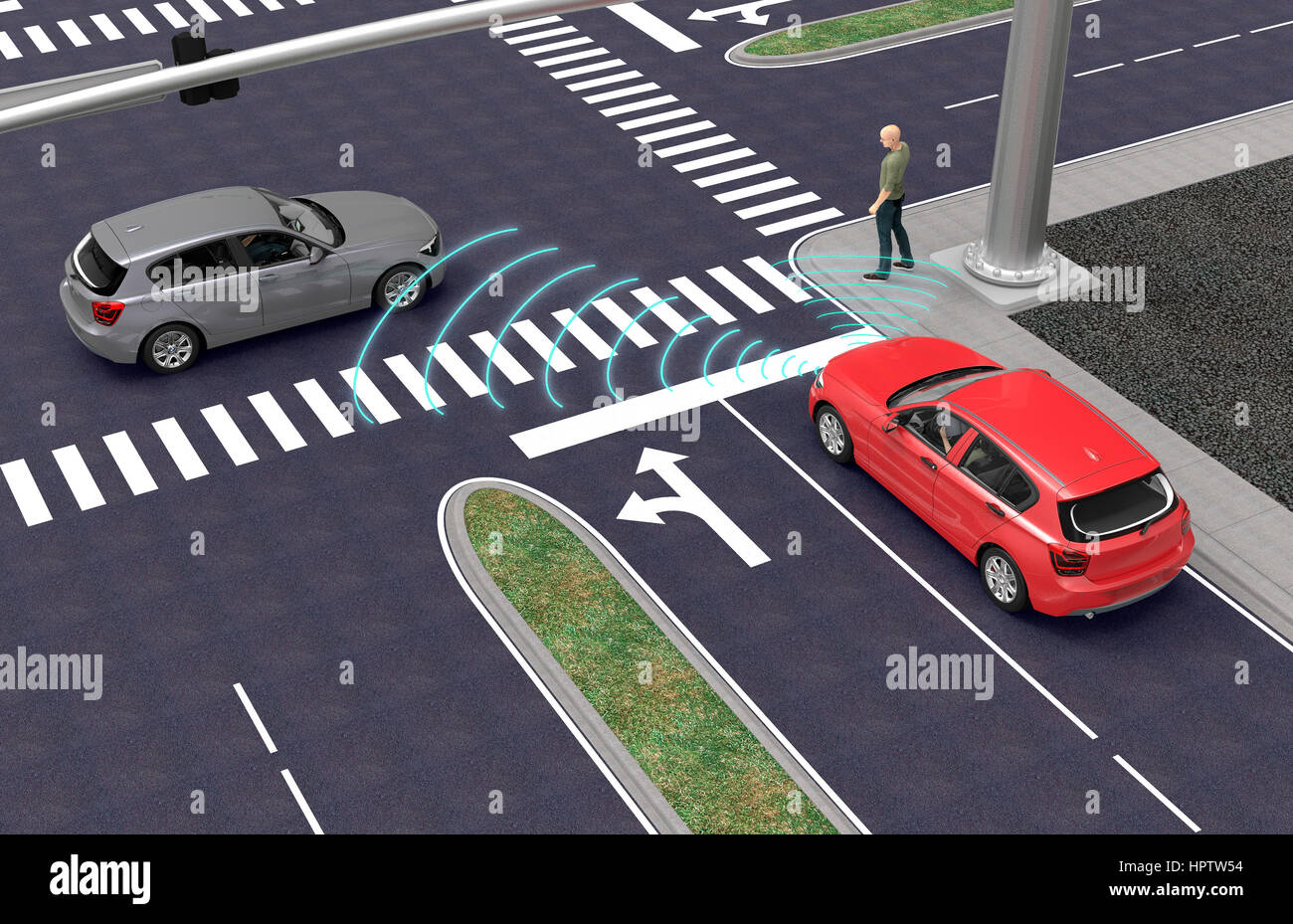self driving electronic computer cars on road, 3d illustration Stock ...