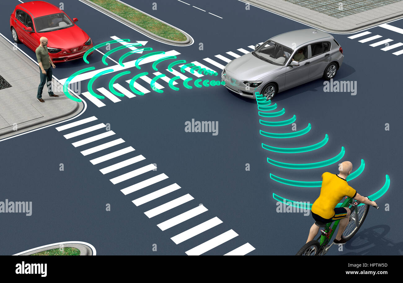 self driving electronic computer cars on road, 3d illustration Stock ...