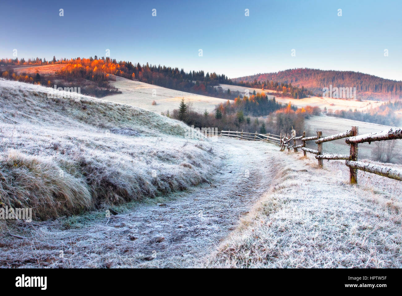 winter path with snow and fence panoramic view Stock Photo - Alamy