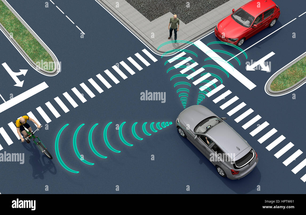 self driving electronic computer cars on road, 3d illustration Stock ...