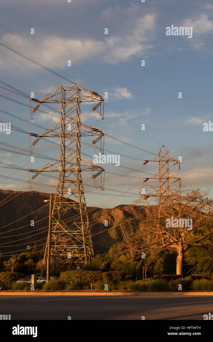 Electrical power poles suburban landscape at Los Angeles foothills ...